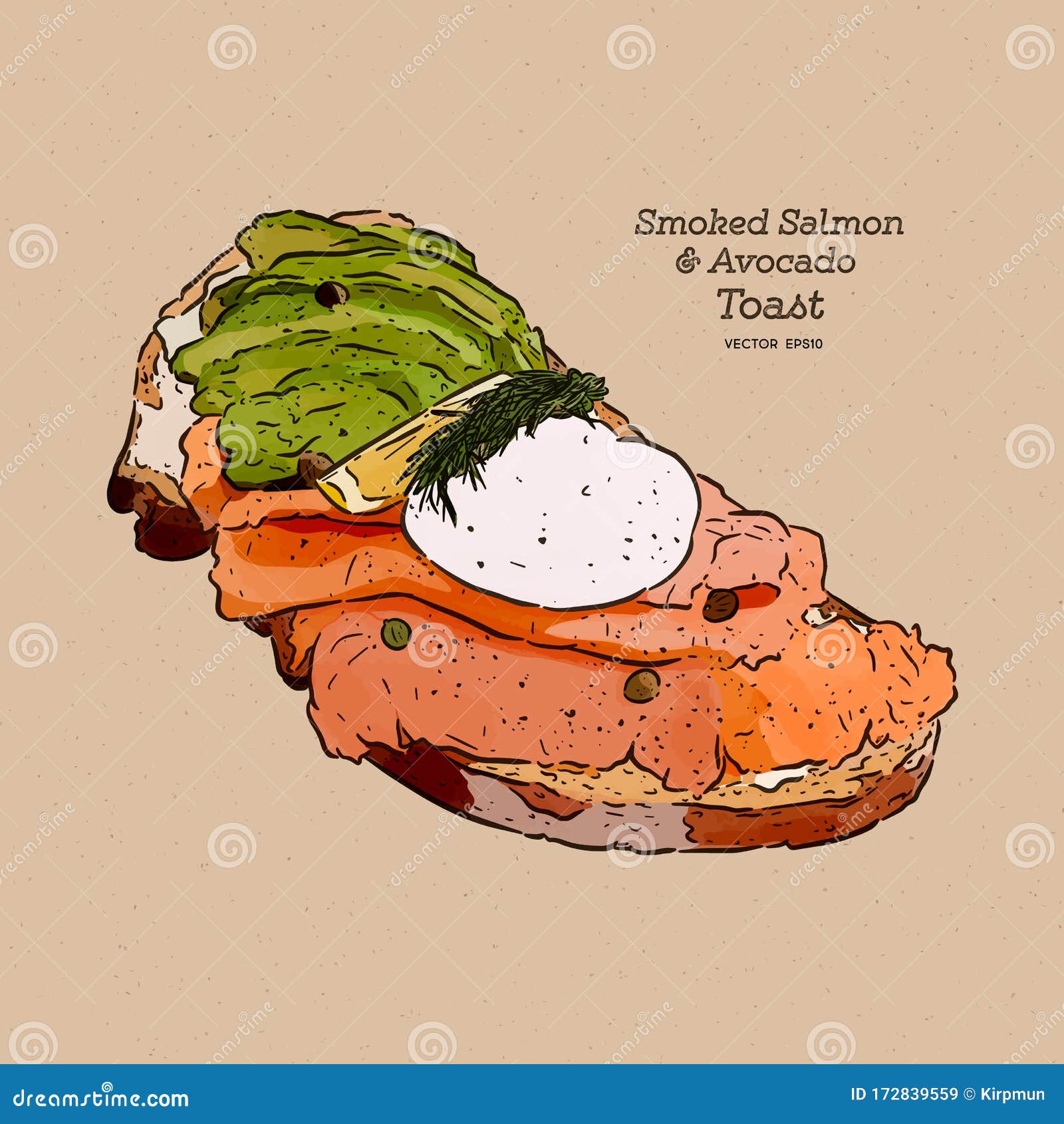 Poached Egg on Toast, with Smoked Salmon and Avocado, Hand Draw Sketch ...