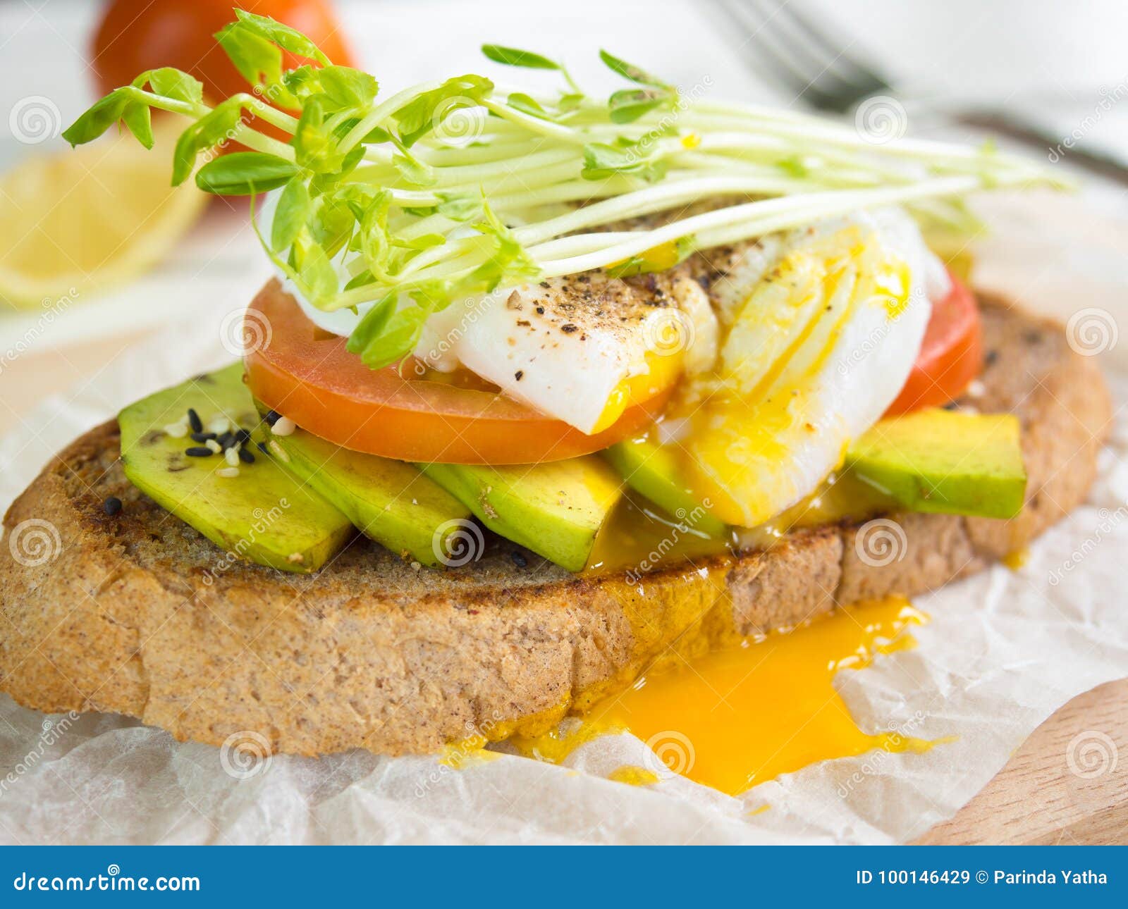 Poached Eggtomato And Avocado On Whole Wheat Toast Topping With Stock Image Image Of Cuisine