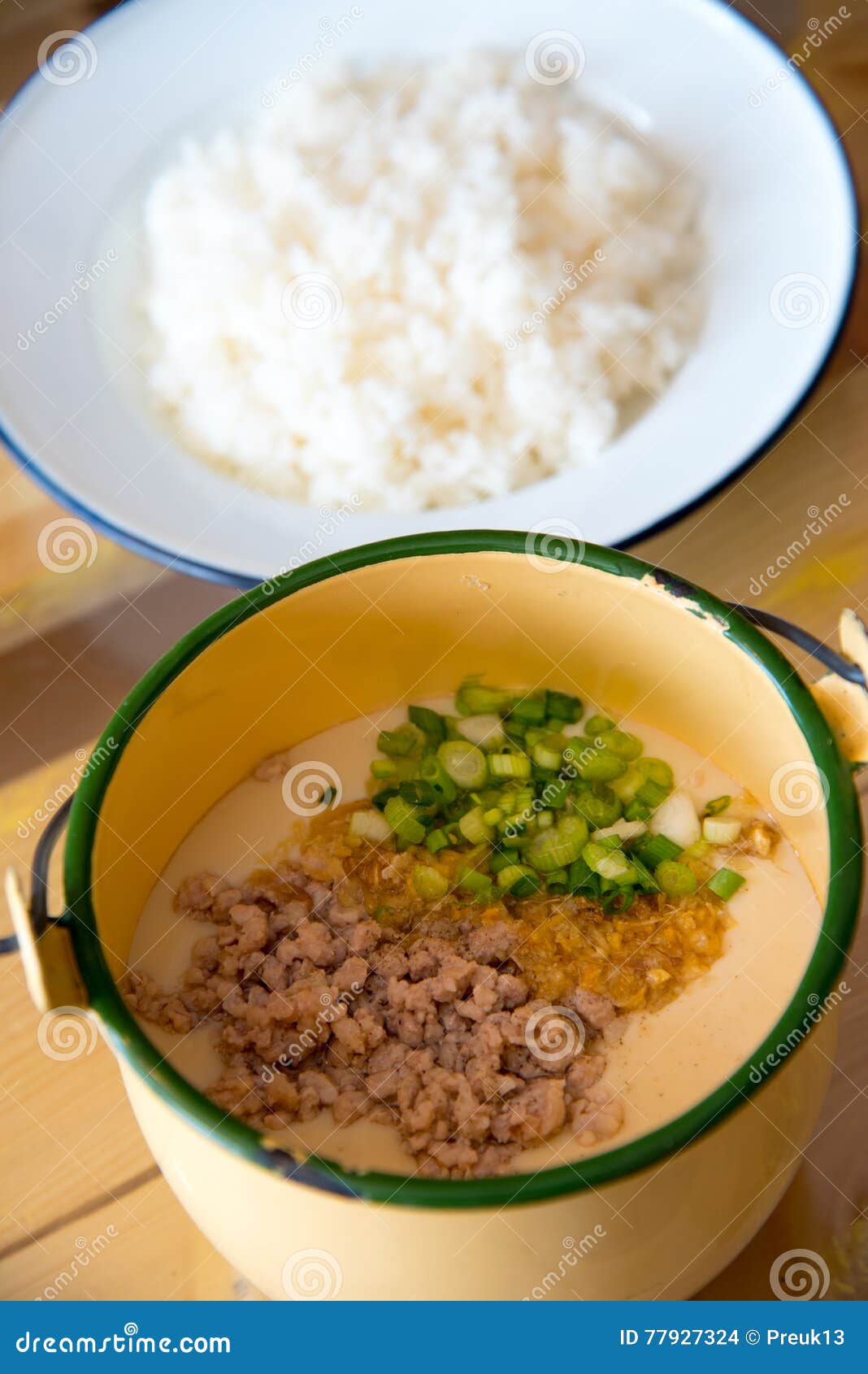 Poached eggs and rice stock photo. Image of dish, dinner - 77927324