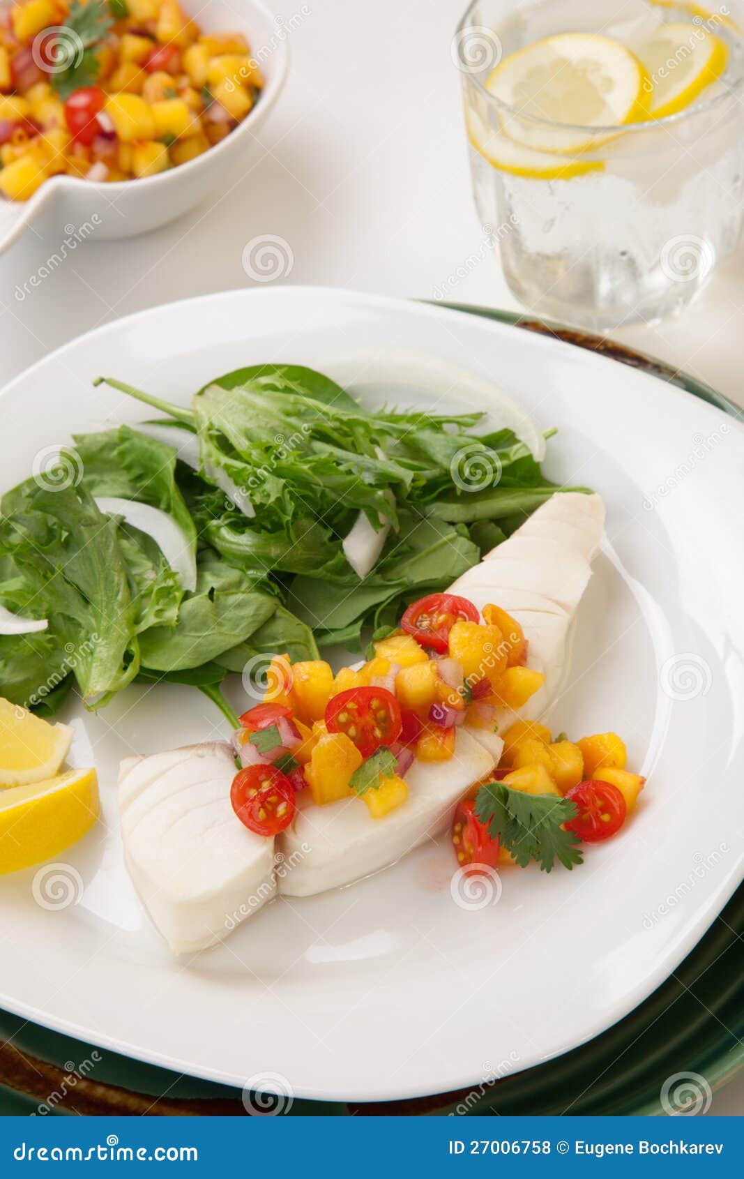 Poached Halibut and Peach Salsa Stock Photo - Image of gourmet ...
