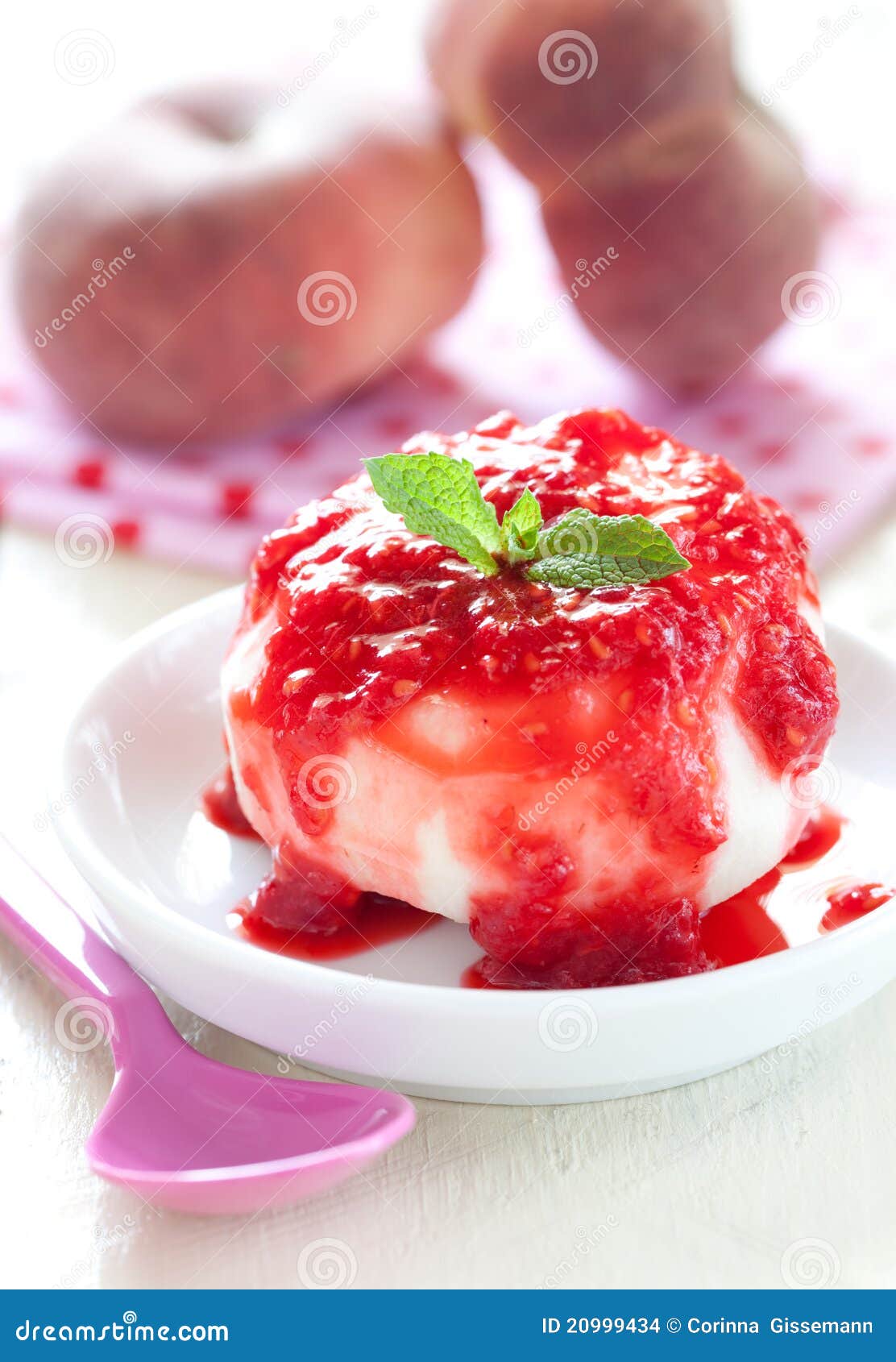 Poached Peach with Raspberries Stock Photo - Image of dessert, mint ...