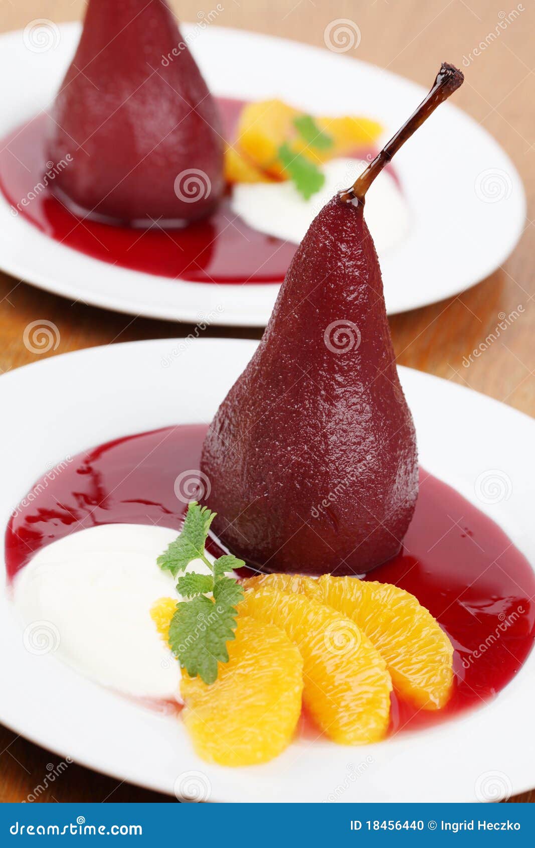 Poached Pears with Creme Fraiche and Oranges Stock Photo - Image of ...