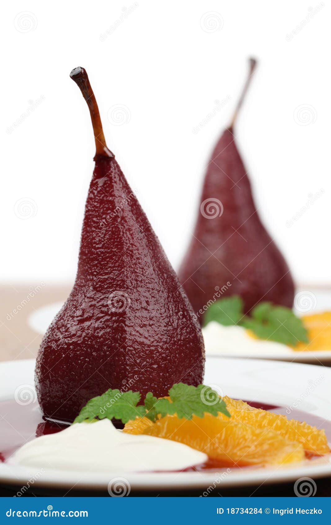 Poached Pears with Creme Fraiche and Oranges Stock Photo - Image of ...