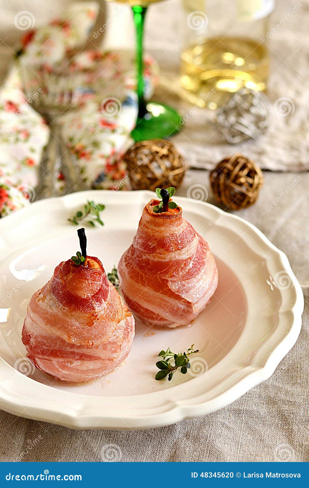 Poached Pears Wrapped in Bacon with Blue Cheese Stock Photo - Image of ...