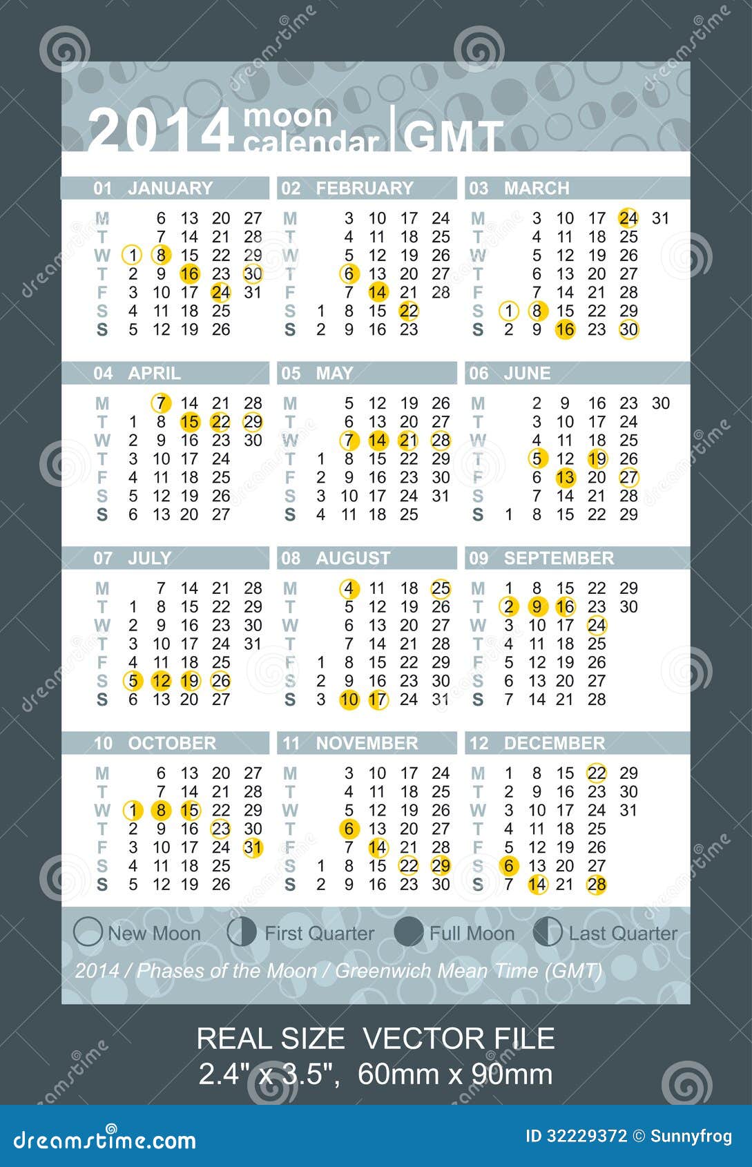 Pocket Calendar 2014 with Phases of the Moon/ GMT, Stock Vector ...