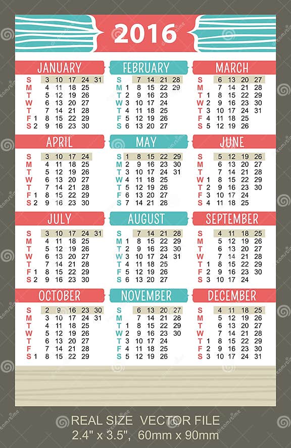 Pocket Calendar 2016, Start on Sunday Stock Vector - Illustration of ...