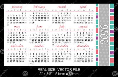 Pocket Calendar 2016, Start on Sunday Stock Vector - Illustration of ...