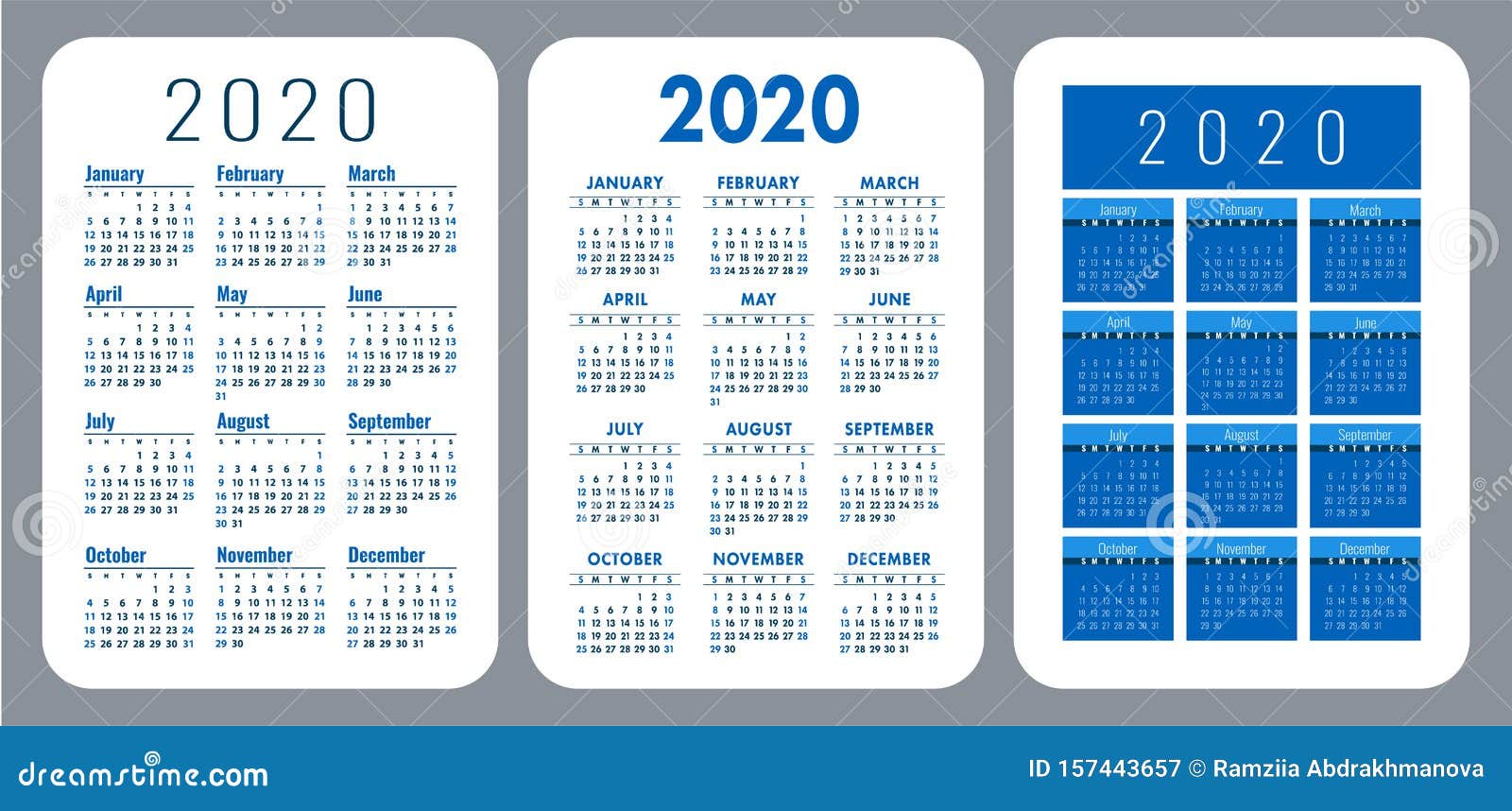 Pocket Calendar 2020 Year Set. Vector Design Collection. Color English ...