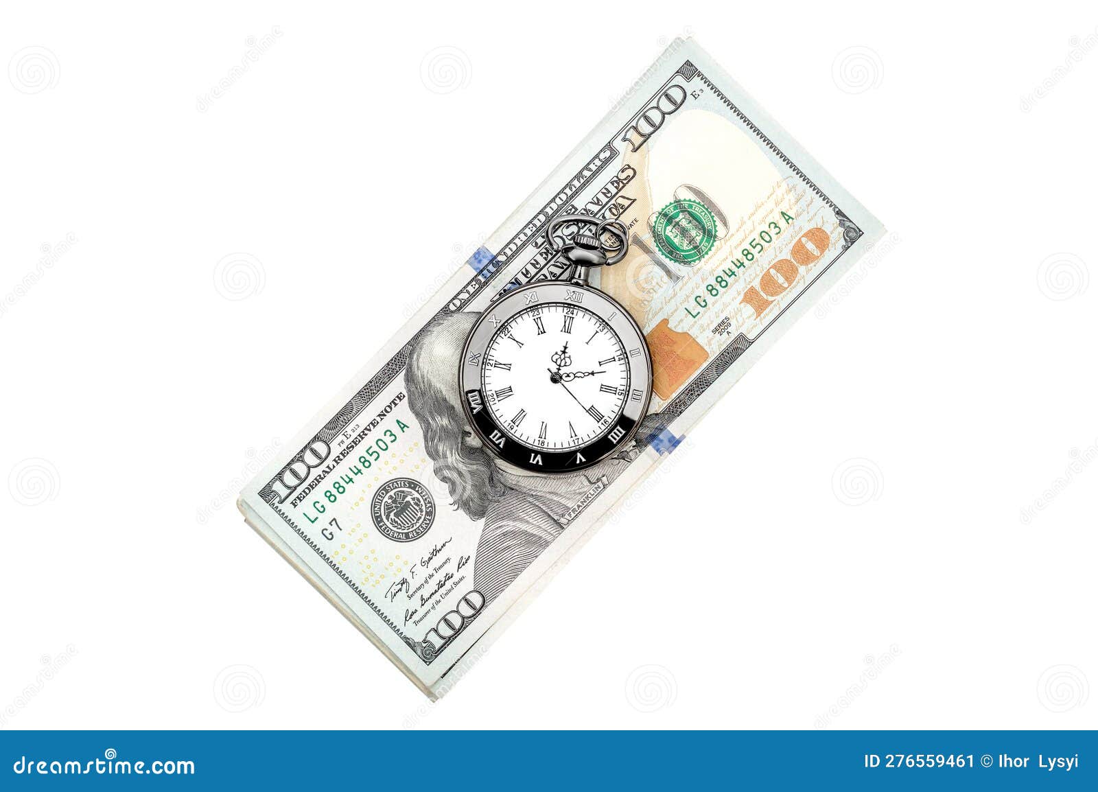 Pocket Watch with Heap of Money on White Background. Top View Stock ...