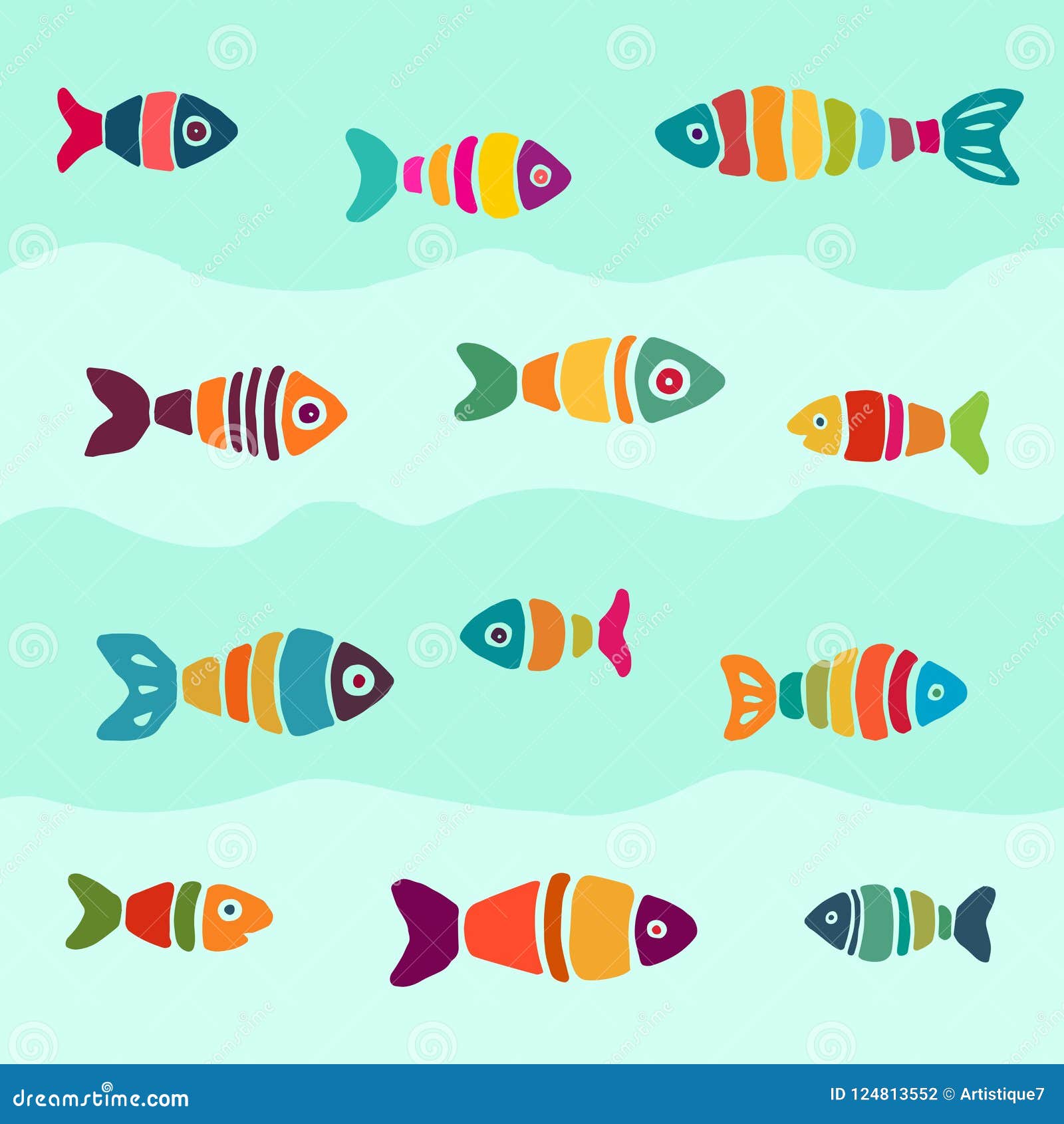 Pod of Abstract Hand Drawn Multicolored Fish Stock Vector ...