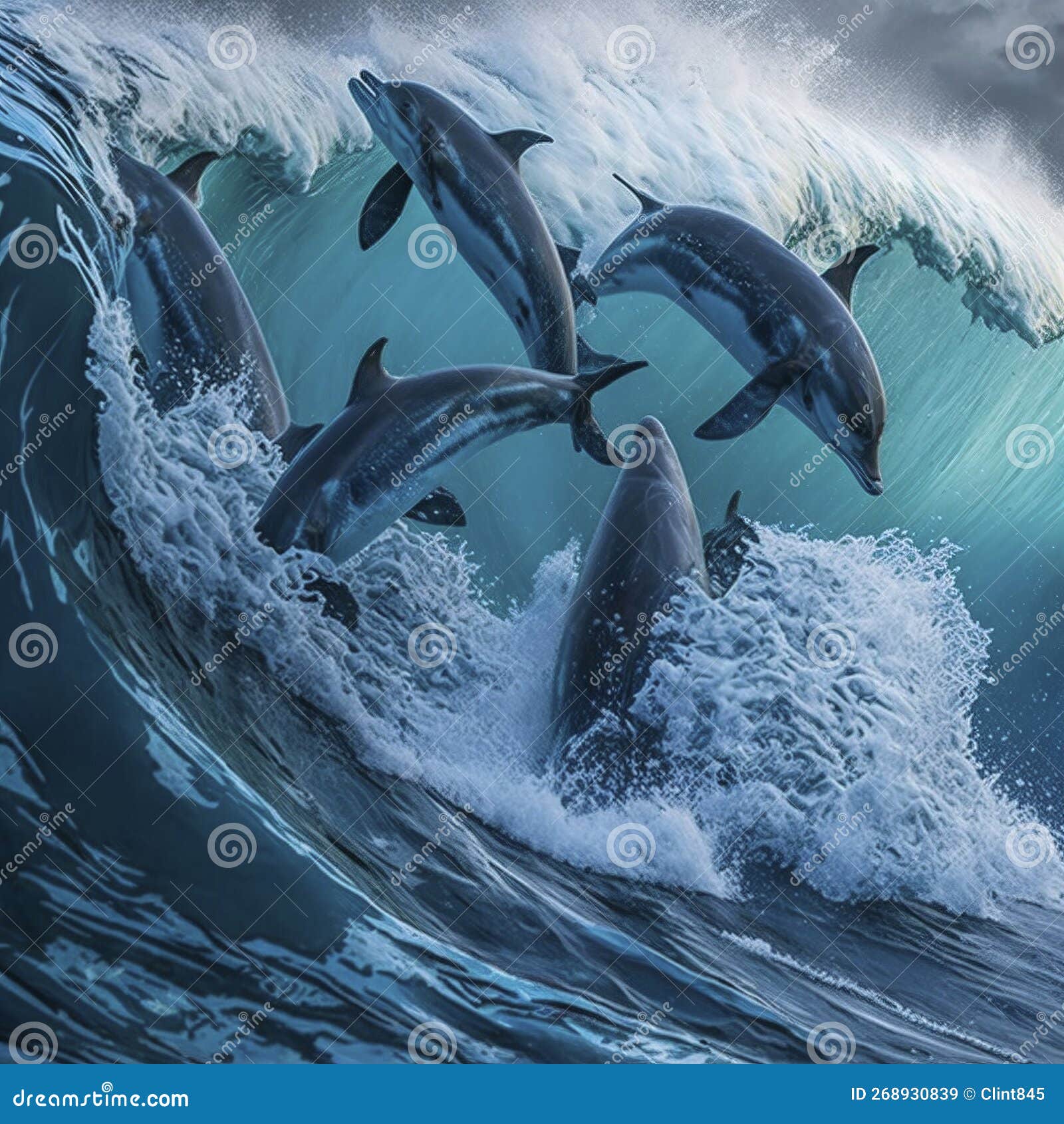 A Pod of Bottlenose Dolphins Jumping in the Waves Stock Illustration ...