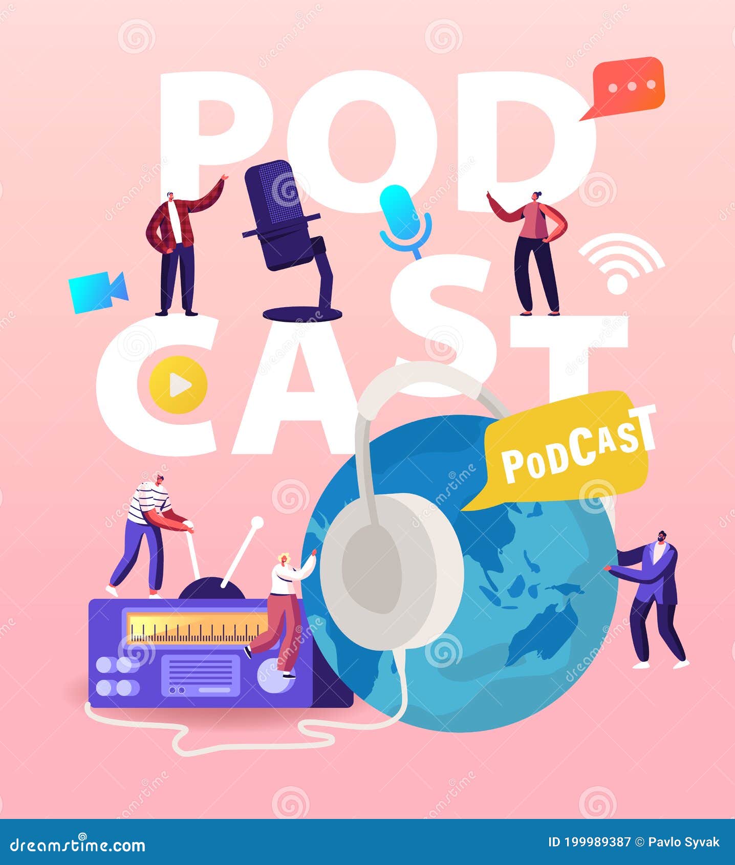 Podcast, Comic Talks Or Audio Program Online Broadcasting Concept. Tiny ...