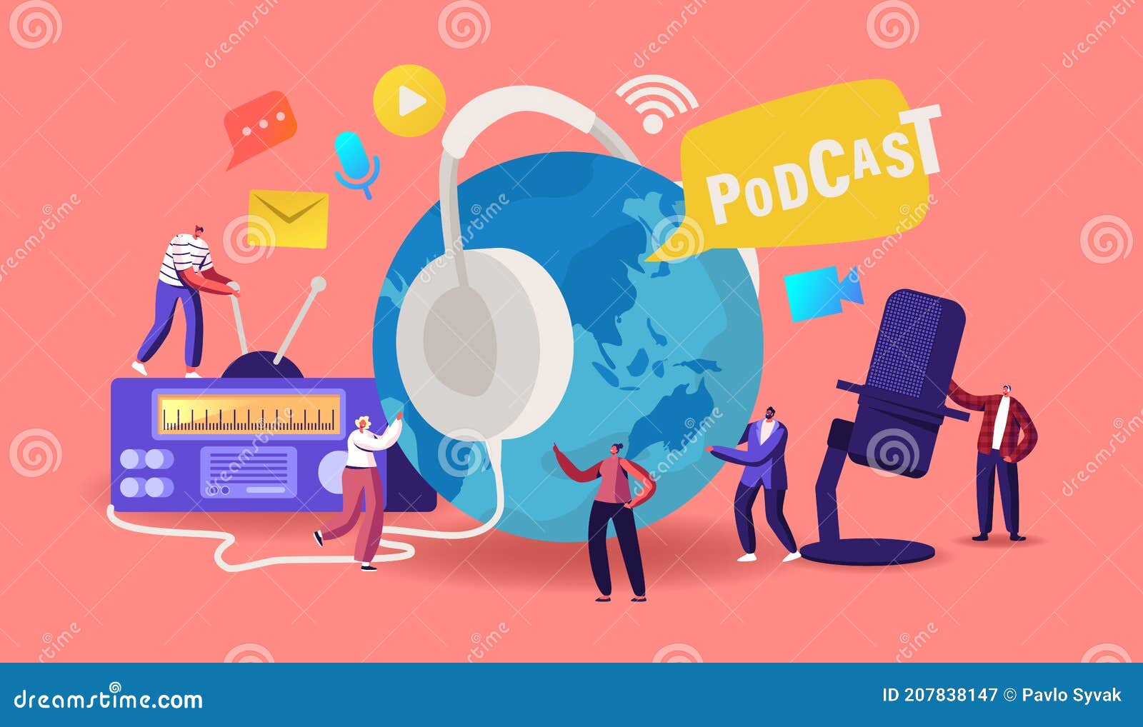 Podcast, Comic Talks or Audio Program Online Broadcasting Concept. Tiny ...