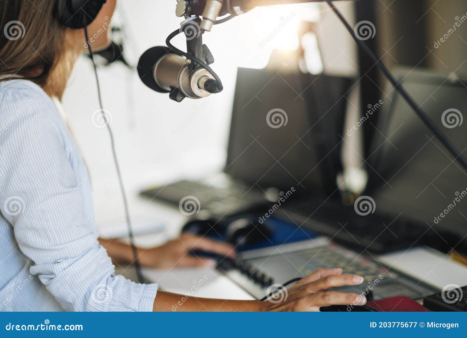 Podcast Concept - Female Host in Podcasting Studio Stock Image - Image ...