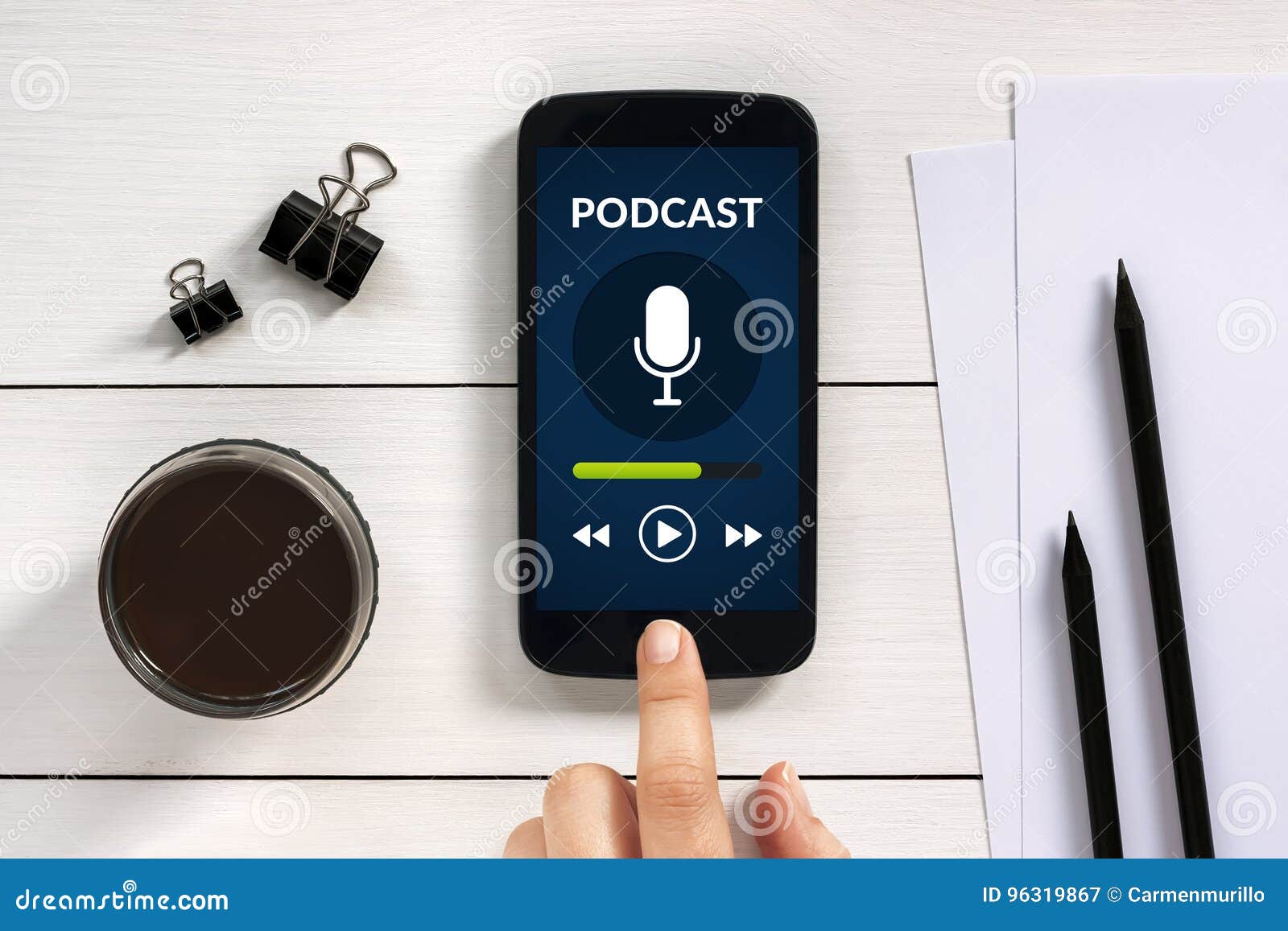 Podcast Concept on Smart Phone Screen with Office Objects Stock Image ...