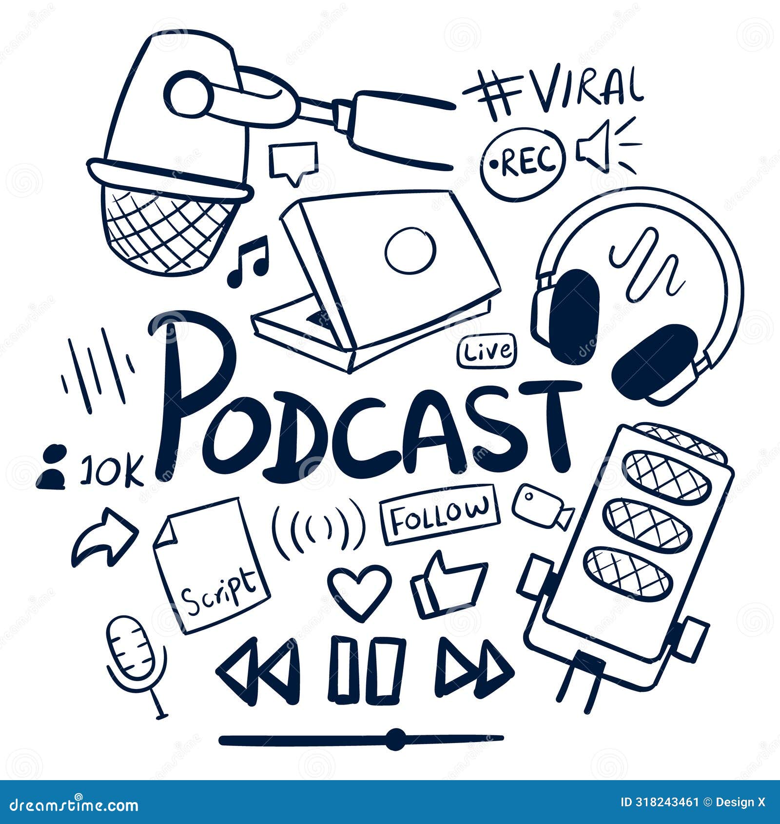 Podcast Content Creation Drawing. Hand Drawn Podcast Scribbles Doodles ...
