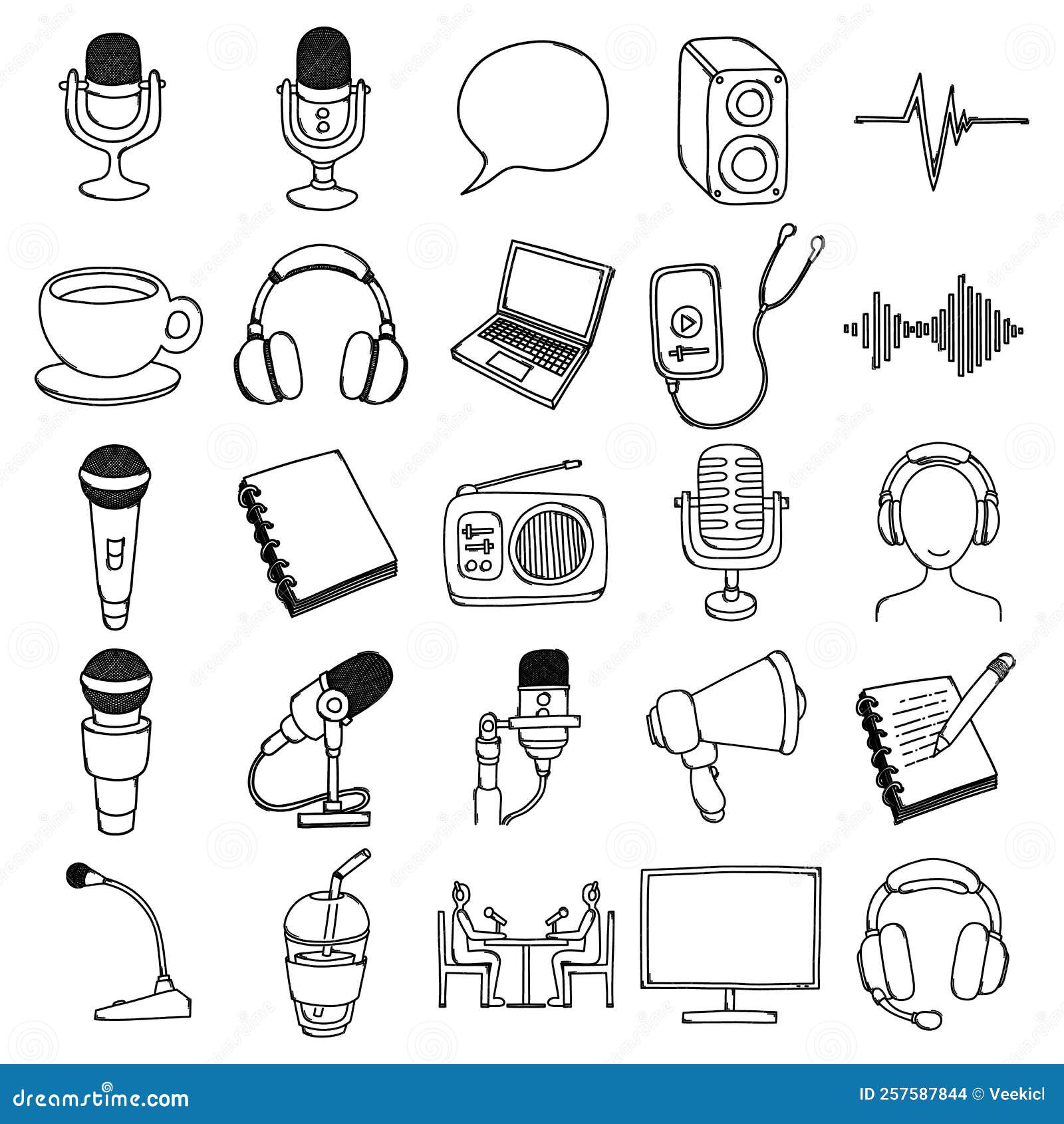 Podcast Doodle Vector Icon Set. Drawing Sketch Illustration Hand Drawn ...
