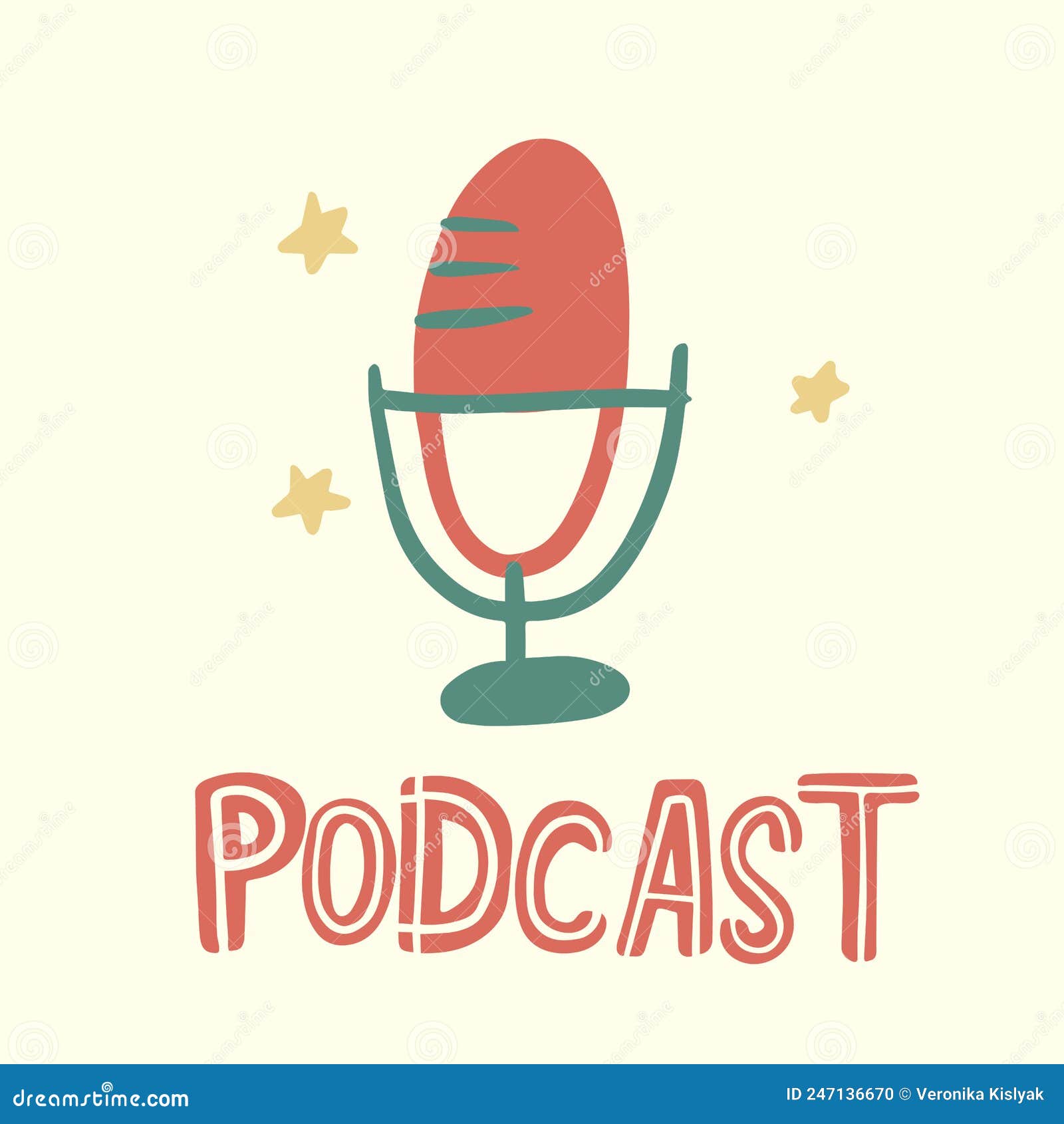 Podcast. Hand Drawing Lettering, Cartoon Microphone. Flat Vector ...