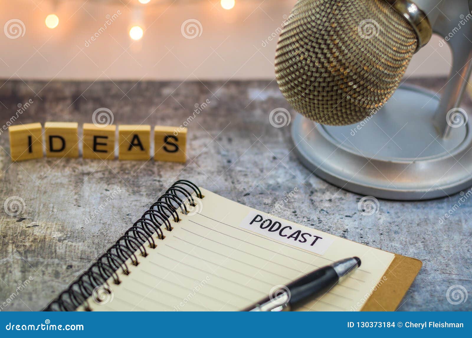 Podcast Idea Concept with Microphone and Notebook on Gray Table Stock ...
