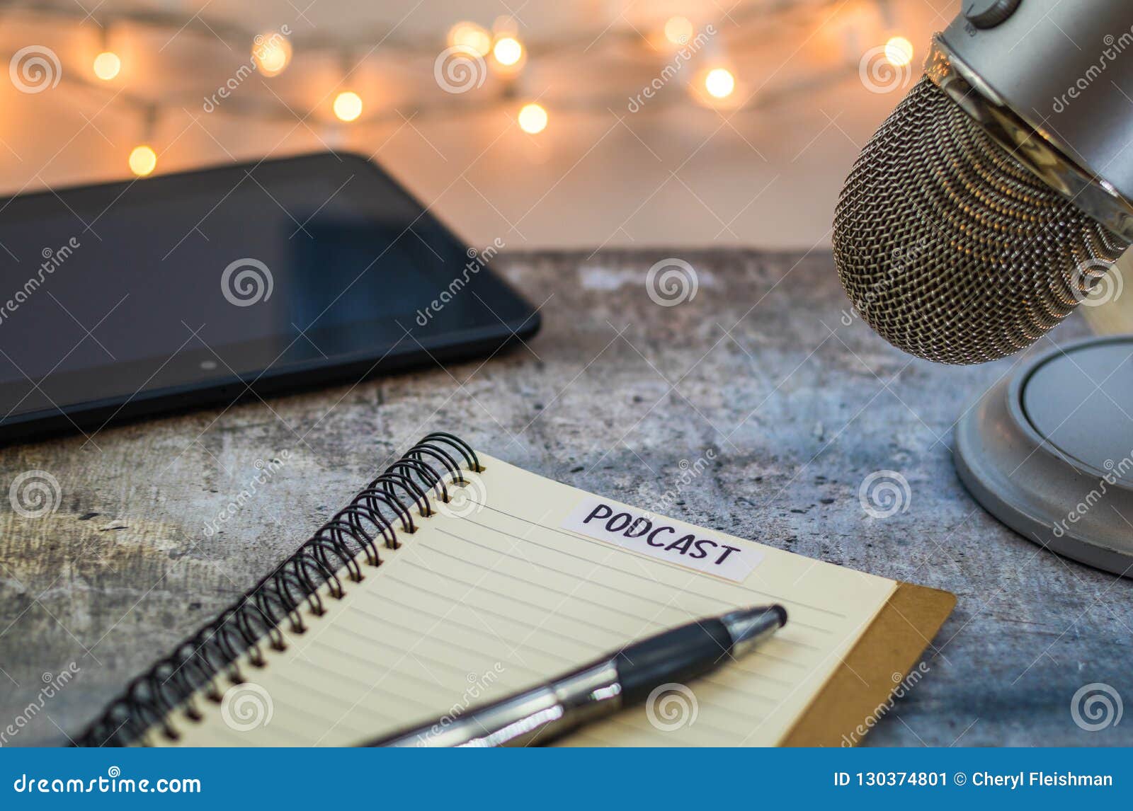 Podcast Idea Concept with Microphone and Notebook and Tablet on Gray ...