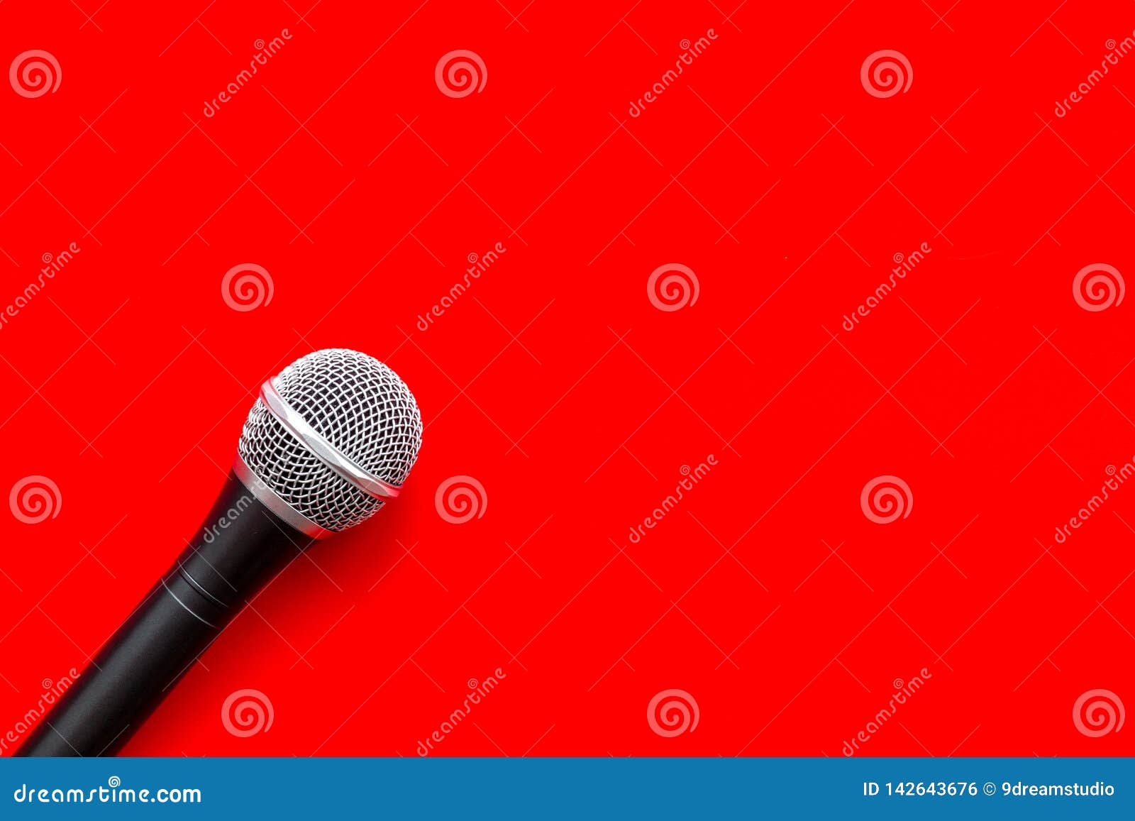 Podcast Record with Microphone on Red Background Top View Space for ...