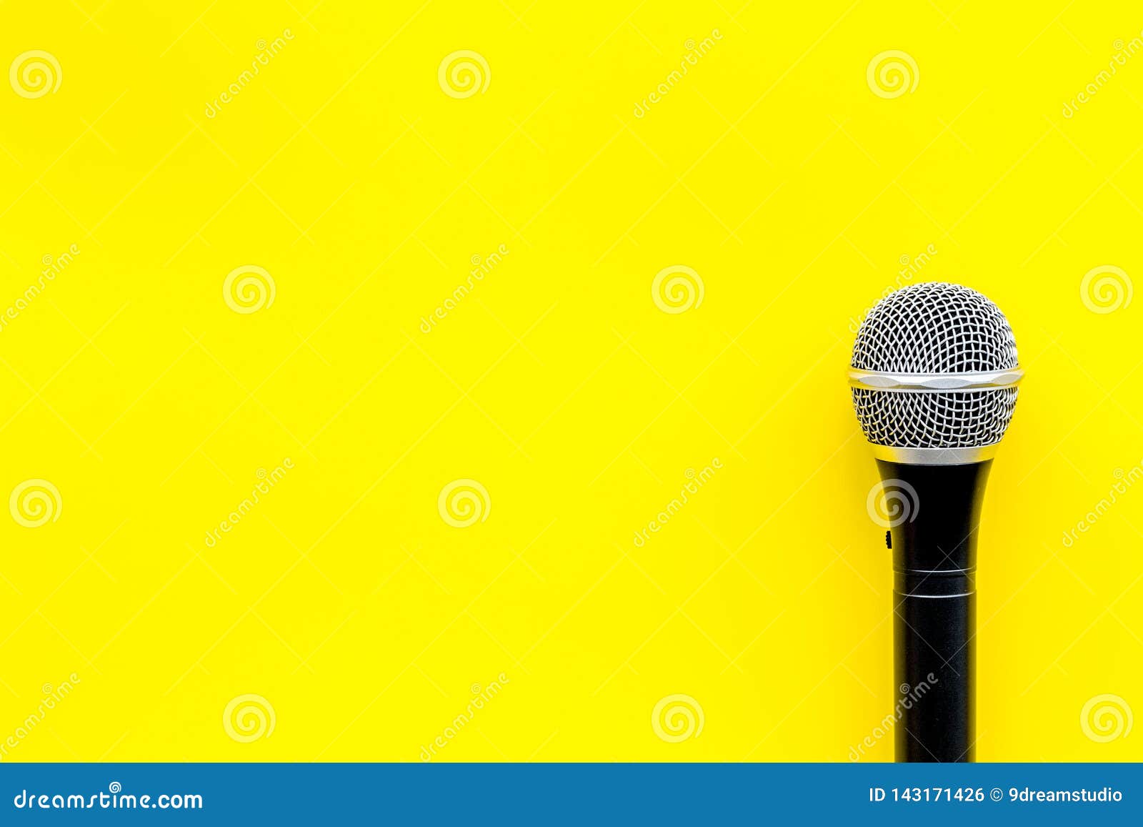 Podcast Record with Microphone on Yellow Background Top View Space for ...