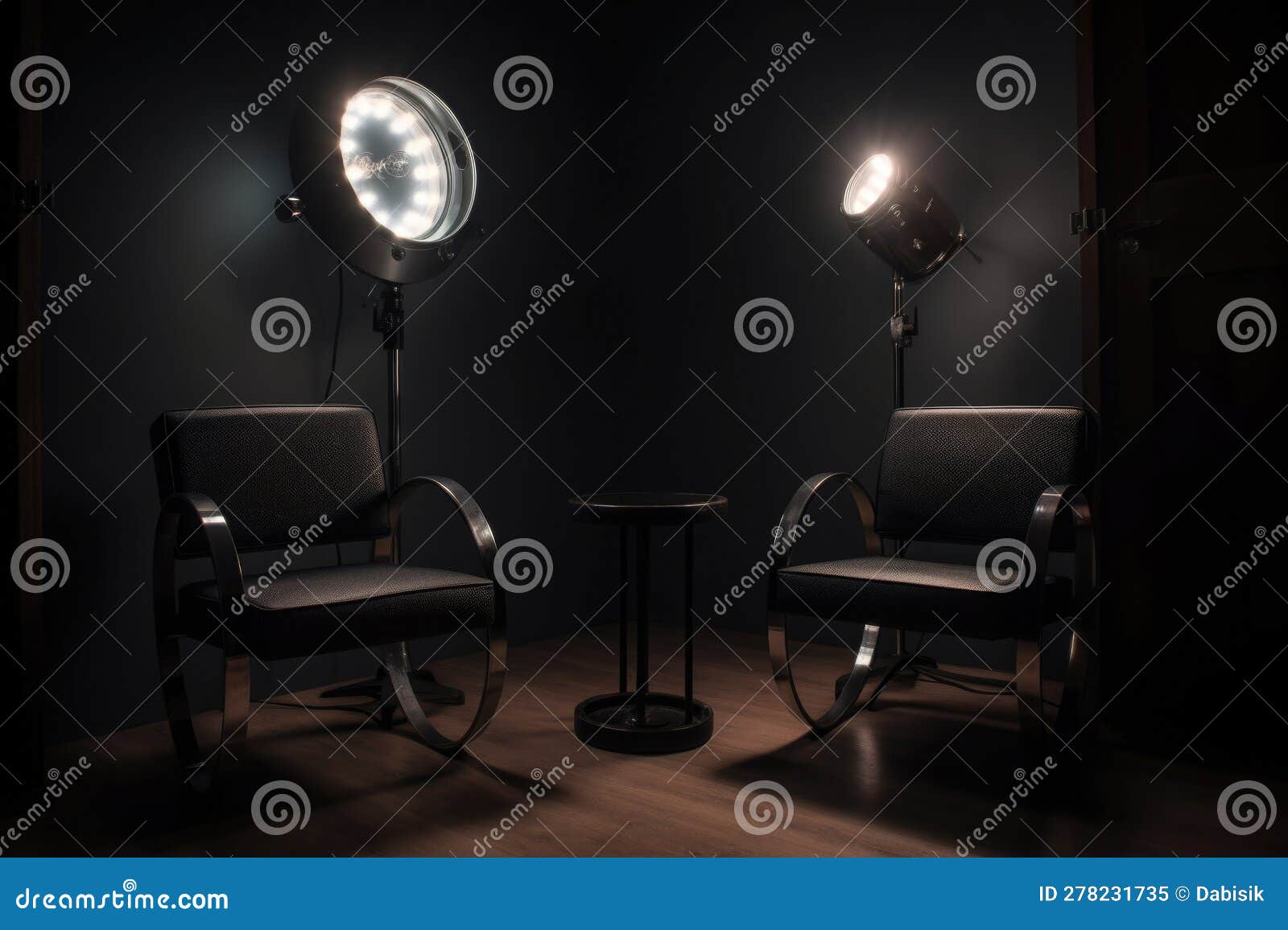 Podcast Room Interior with Two Empty Chairs and Spotlights. Generative ...