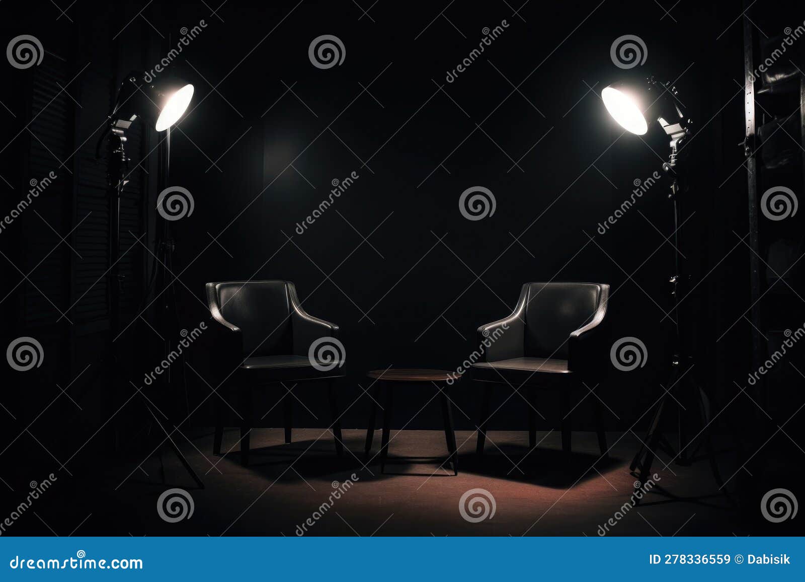 Podcast Room Interior with Two Empty Chairs and Spotlights. Generative ...