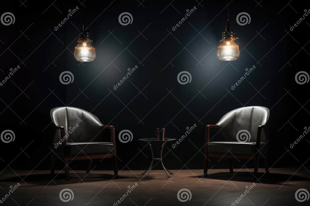 Podcast Room Interior with Two Empty Chairs and Spotlights. Generative ...