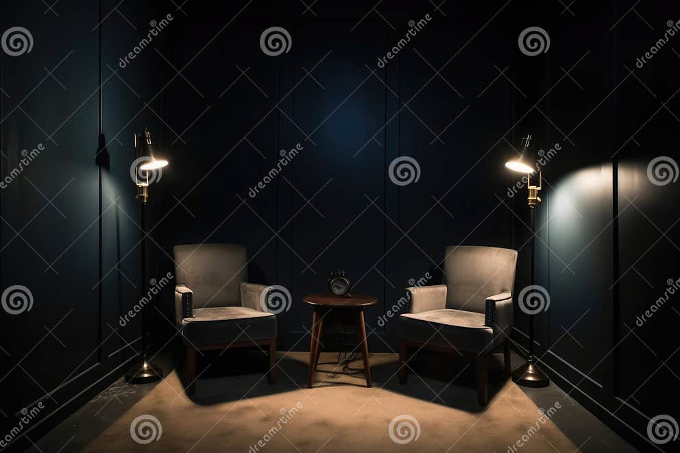 Podcast Room Interior with Two Empty Chairs and Spotlights. Generative ...
