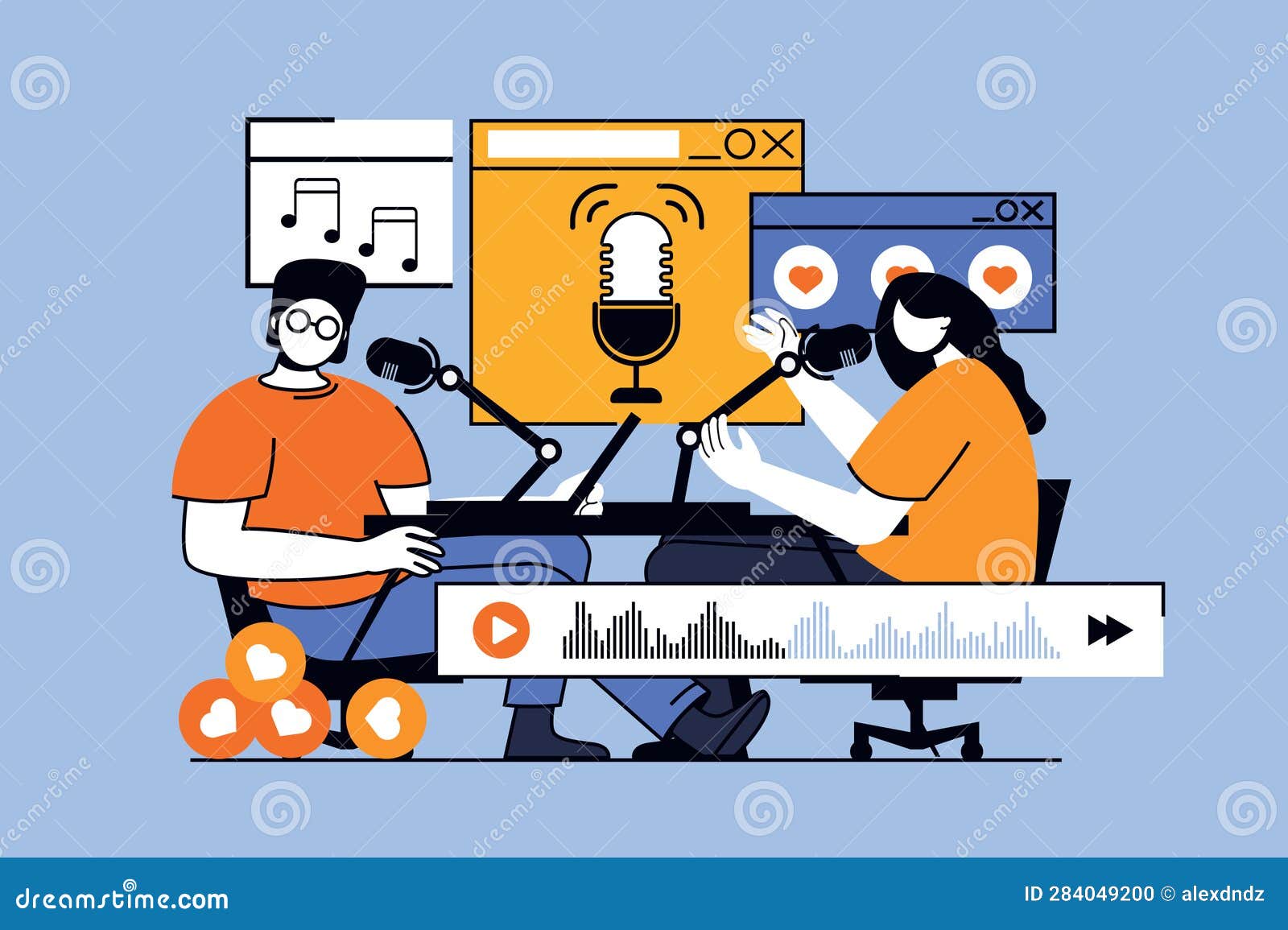 Podcast Streaming Concept with People Scene in Flat Design for Web ...