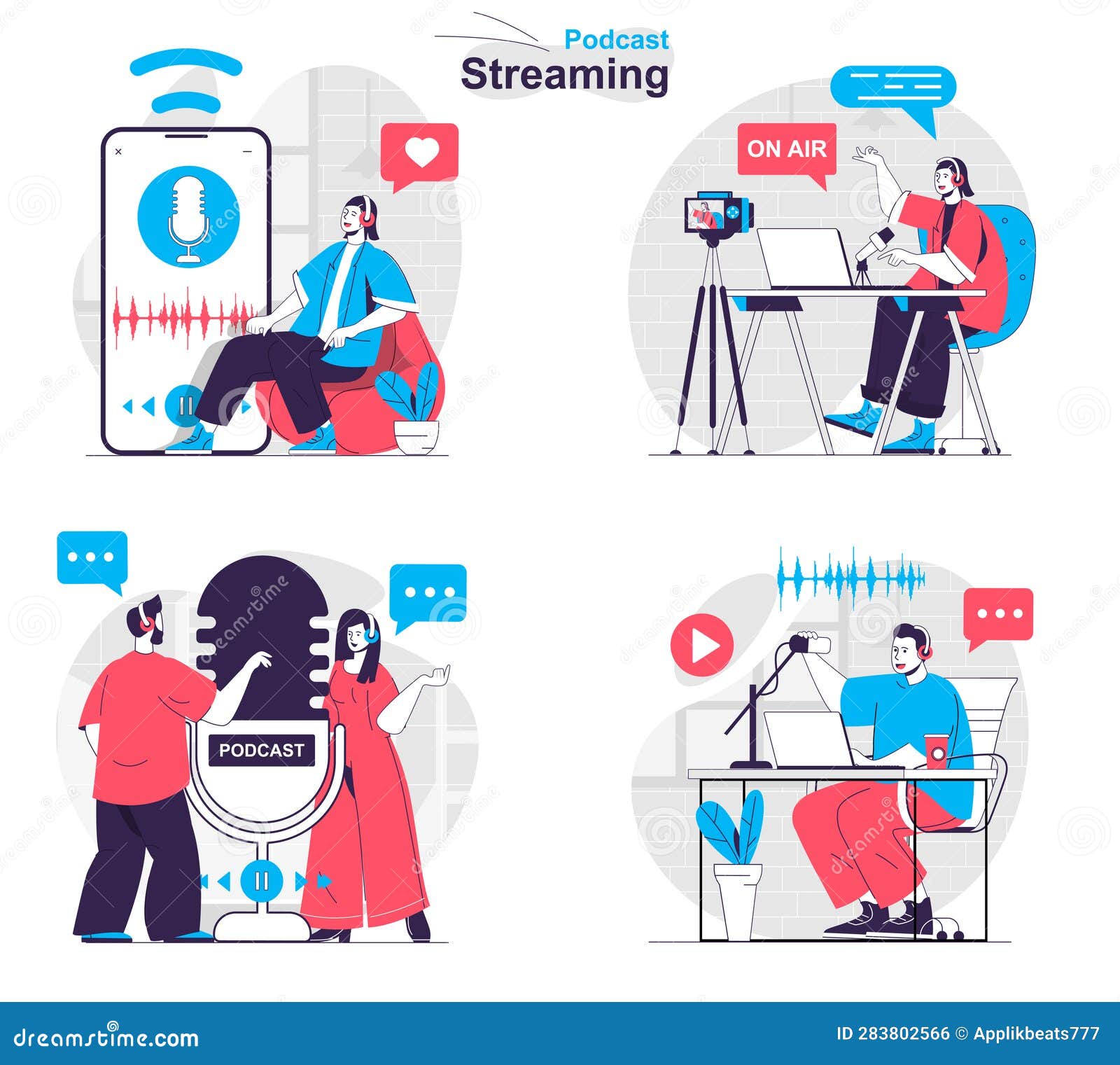 Podcast Streaming Concept Set. Presenters Record Podcasts and Studio Conversations. People ...