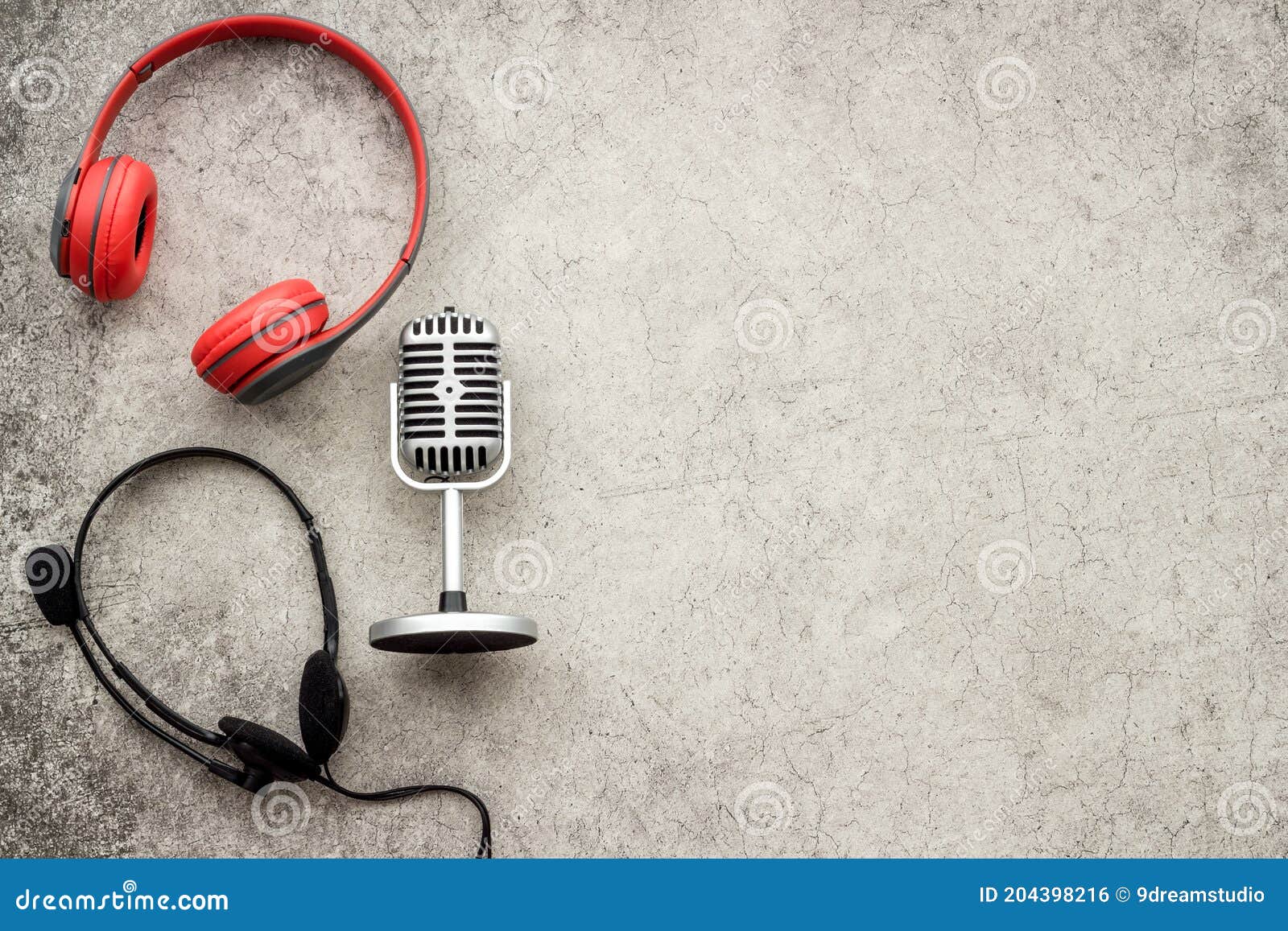 Podcast and Streaming Record. Microphone and Headphones on Table, Top ...