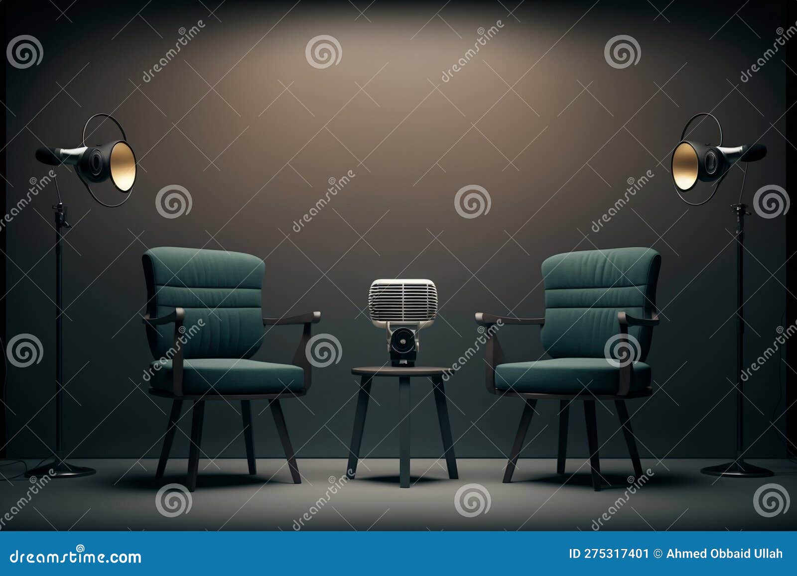 Podcast Studio Interior with Two Chairs and Spotlights in a Podcast or ...