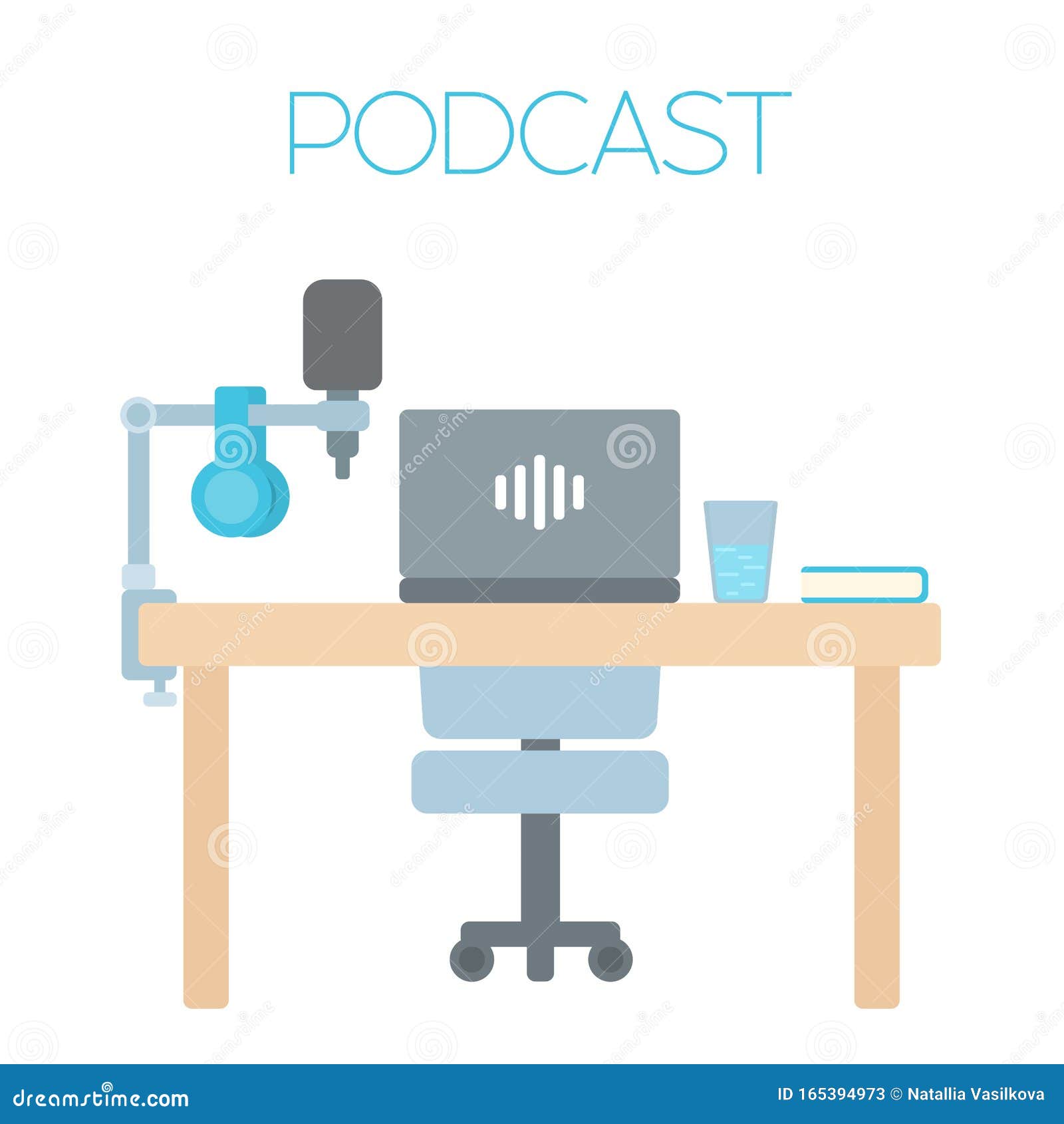 Podcast Table with Computer, Microphone and Headphones. - Flat Stock ...