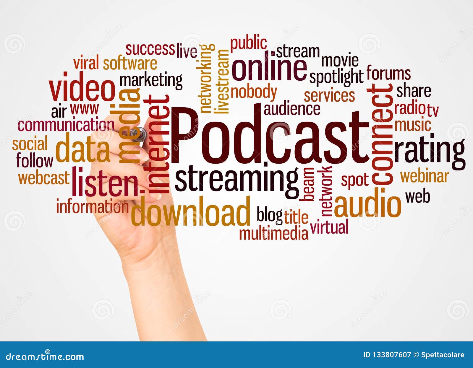 Podcast Word Cloud and Hand with Marker Concept Stock Image - Image of ...