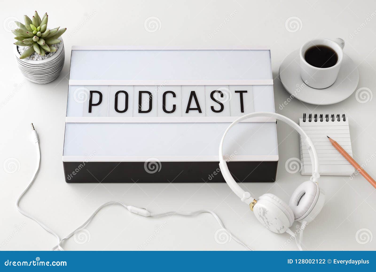 Podcast Word on Lightbox with Headphones Stock Photo - Image of ...