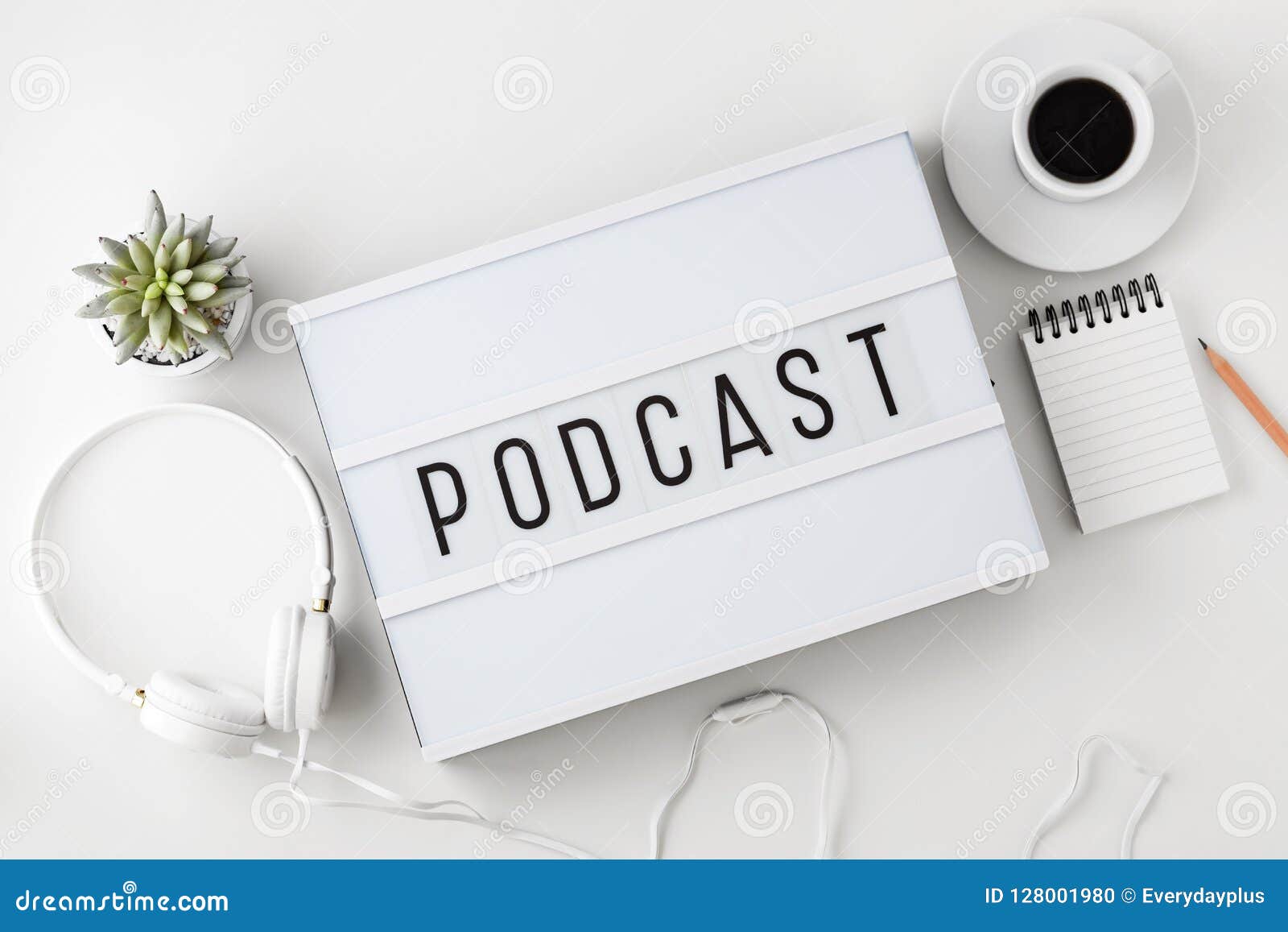 Podcast Word on Lightbox with Headphones on White Table Stock Photo ...