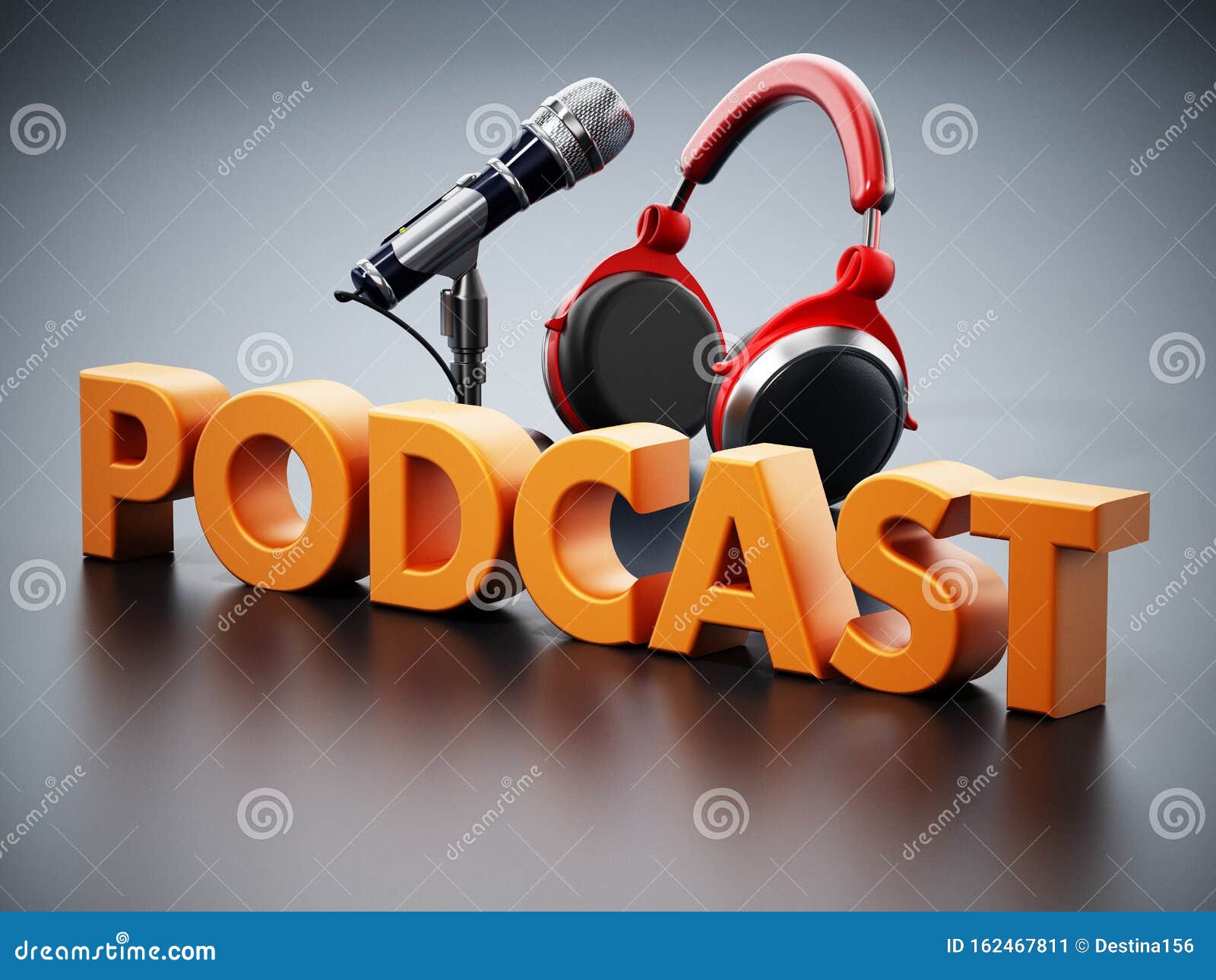 Podcast Word, Microphone and Headphones Standing on Black Surface. 3D ...