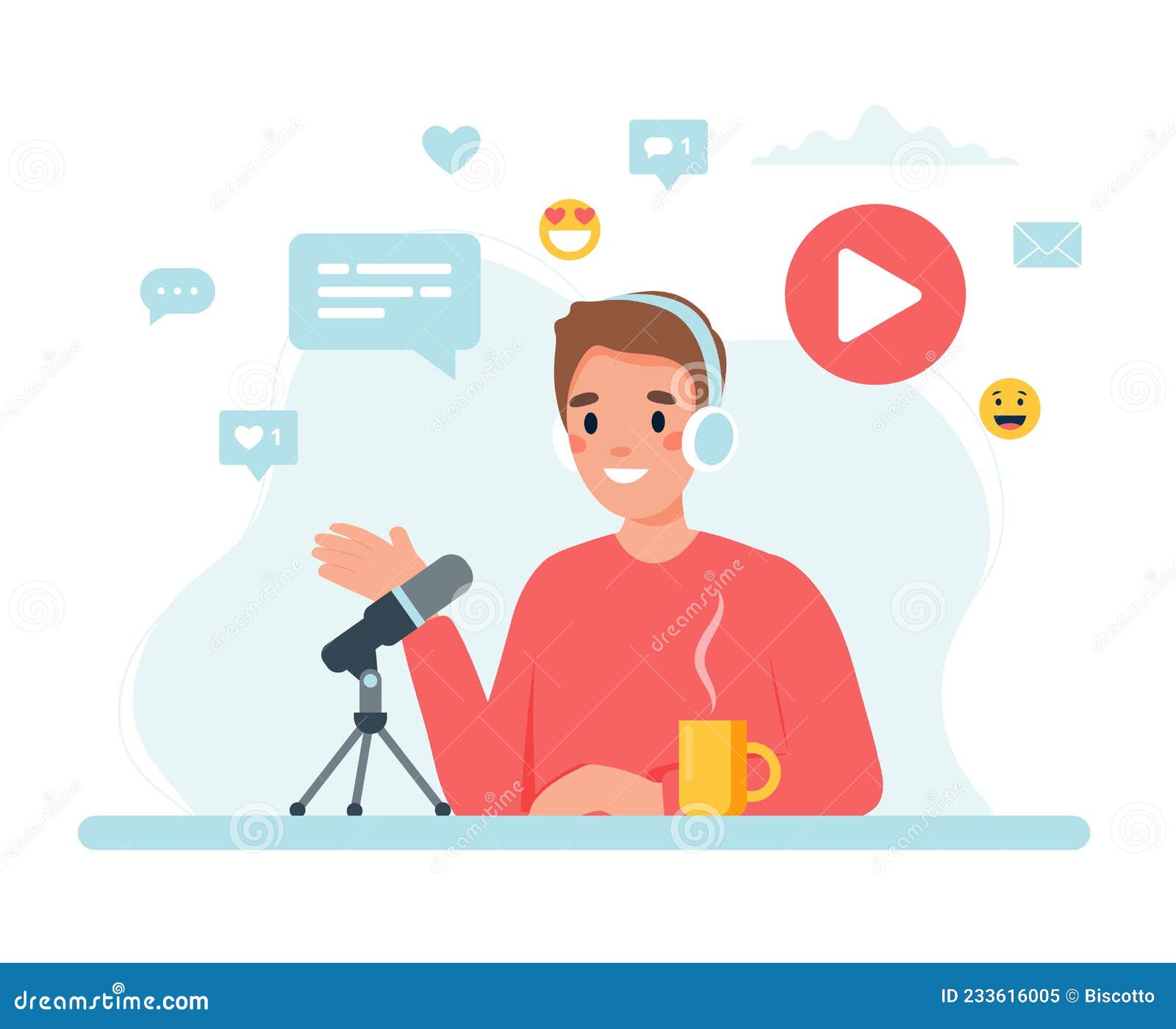 Podcaster Talking To Microphone Recording Podcast. Concept Vector ...