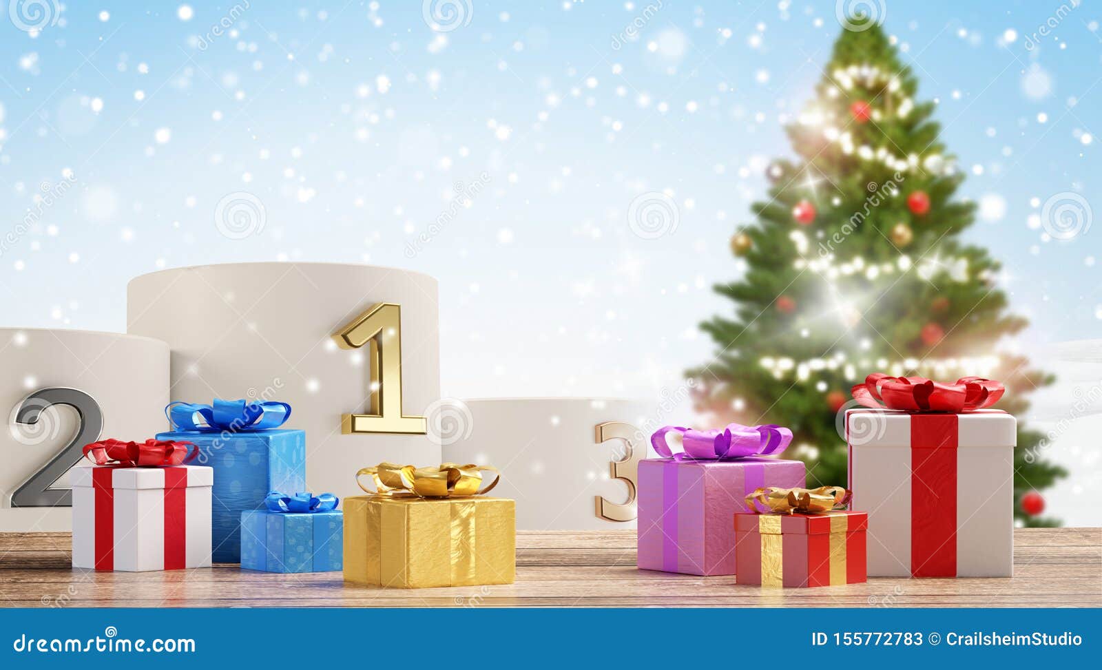 Podium with First Second Third and Christmas Presents with Decorated ...