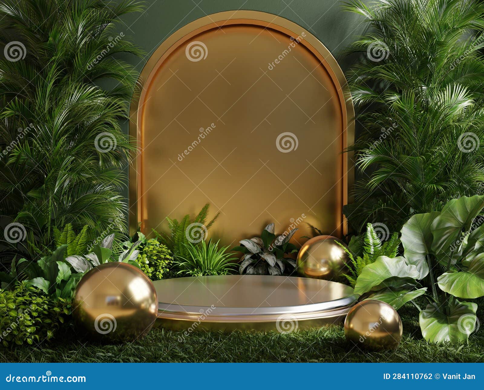 Podium Gold in Tropical Forest for Product Presentation and Green Wall ...