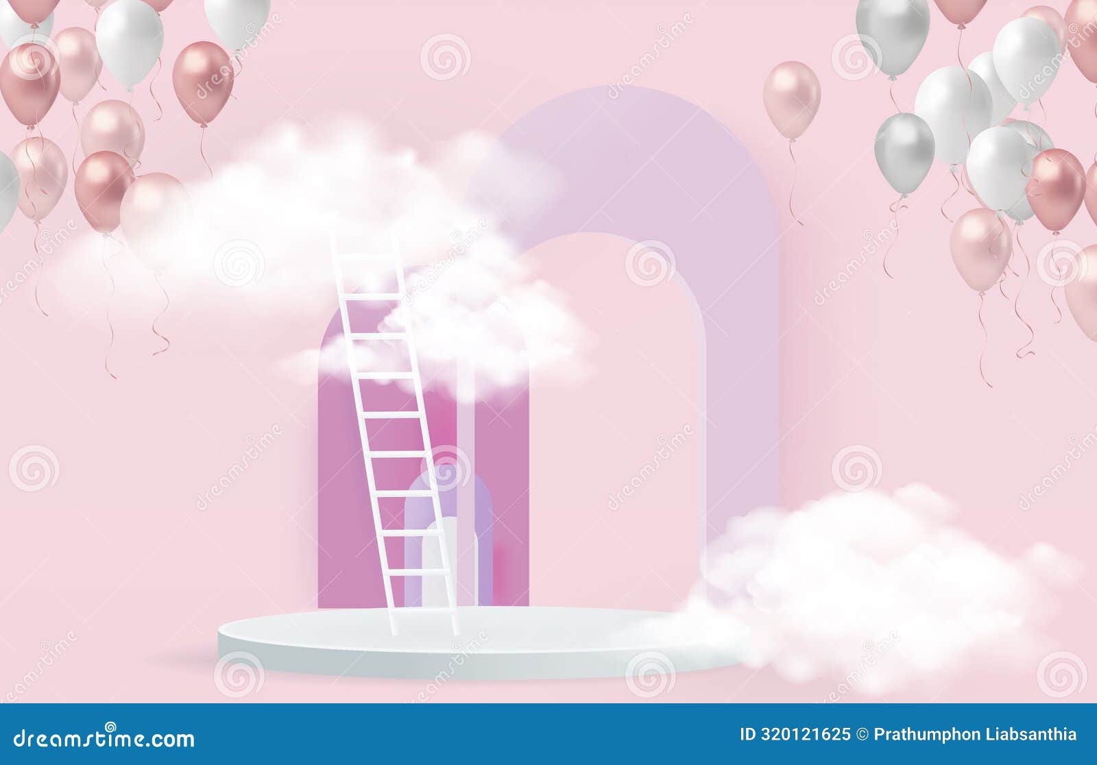 Podium with Ladder, Clouds, Balloons and Arch. 3D Rendering Stock ...