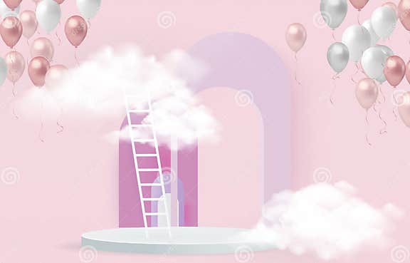 Podium with Ladder, Clouds, Balloons and Arch. 3D Rendering Stock ...
