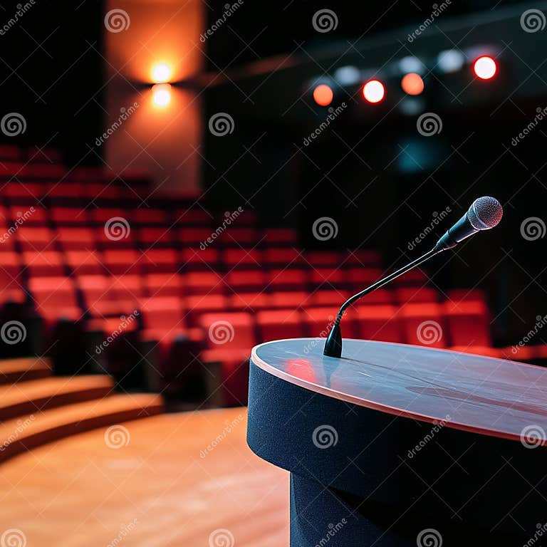 Podium with Microphone in Conference Hall or Seminar Room. 3D Rendering ...
