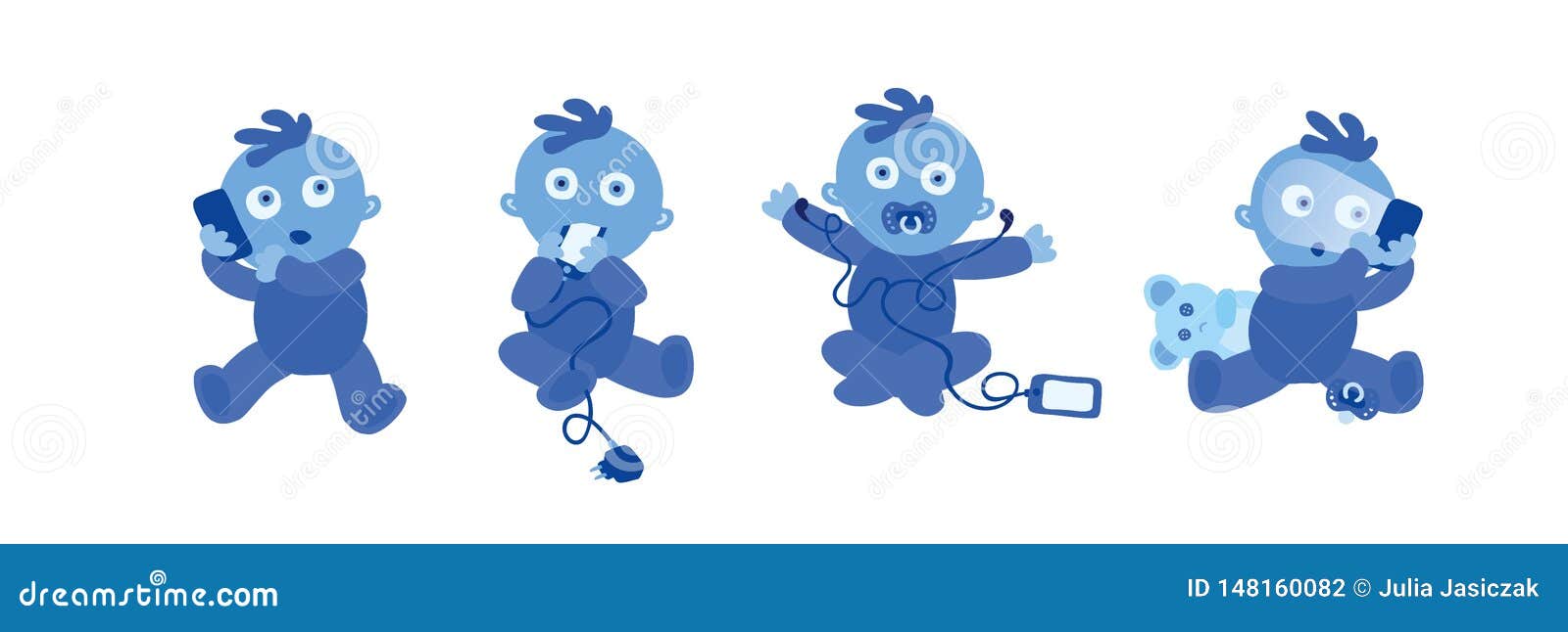 Set of Blue Toddlers on White. Baby Using Technology Stock Illustration ...