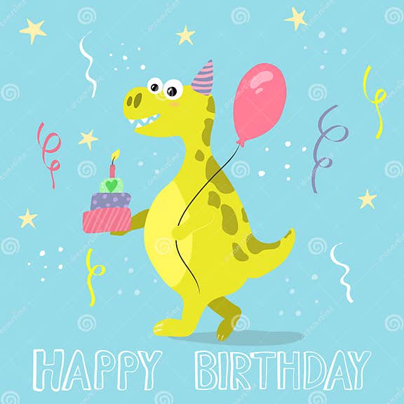 Cute Cartoon Dinosaur. Happy Birthday Greeting Card Stock Vector ...