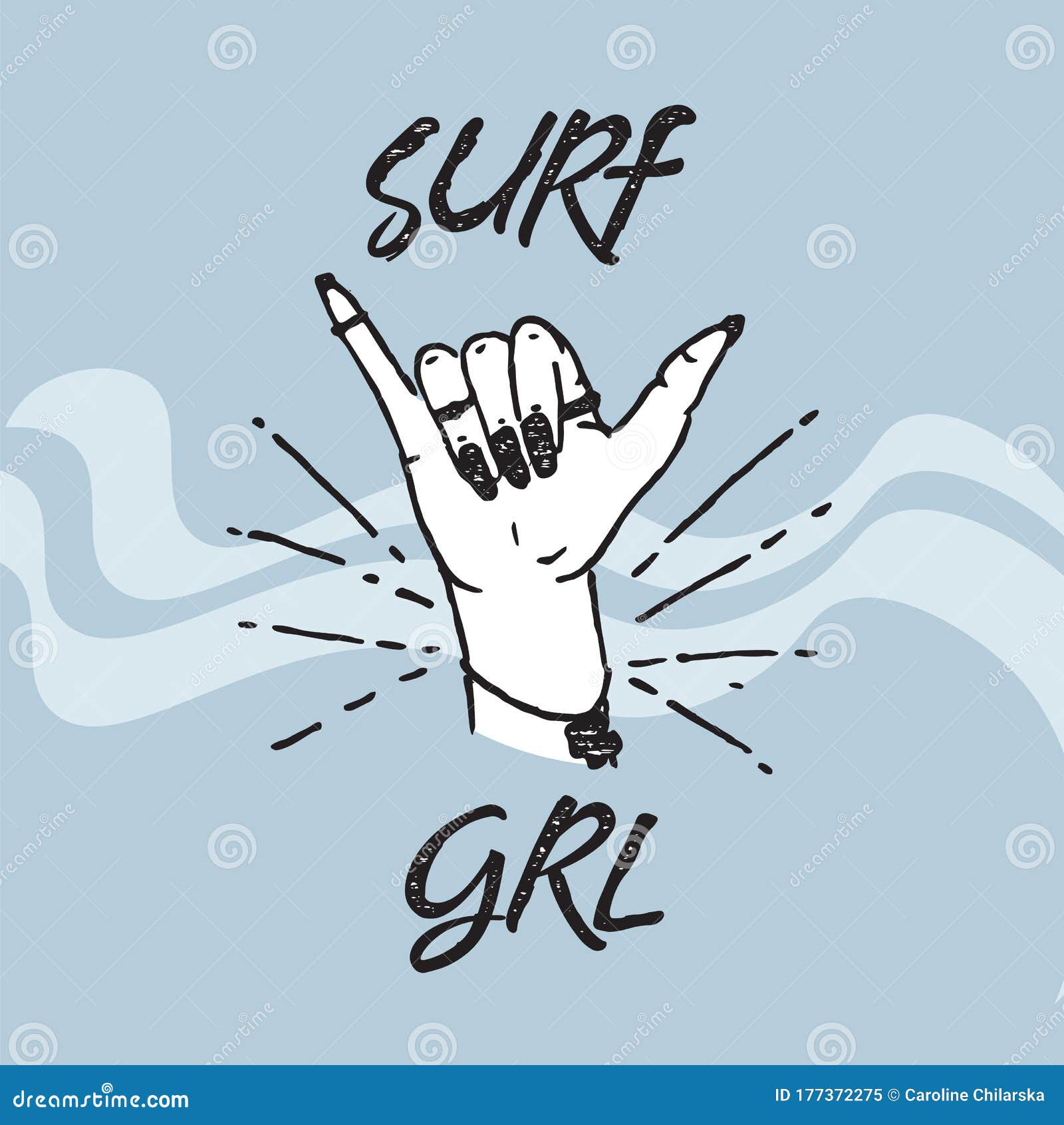 Hand Drawn Female Hand Making Shaka Sign. Surfing Girl Logo Tattoo ...