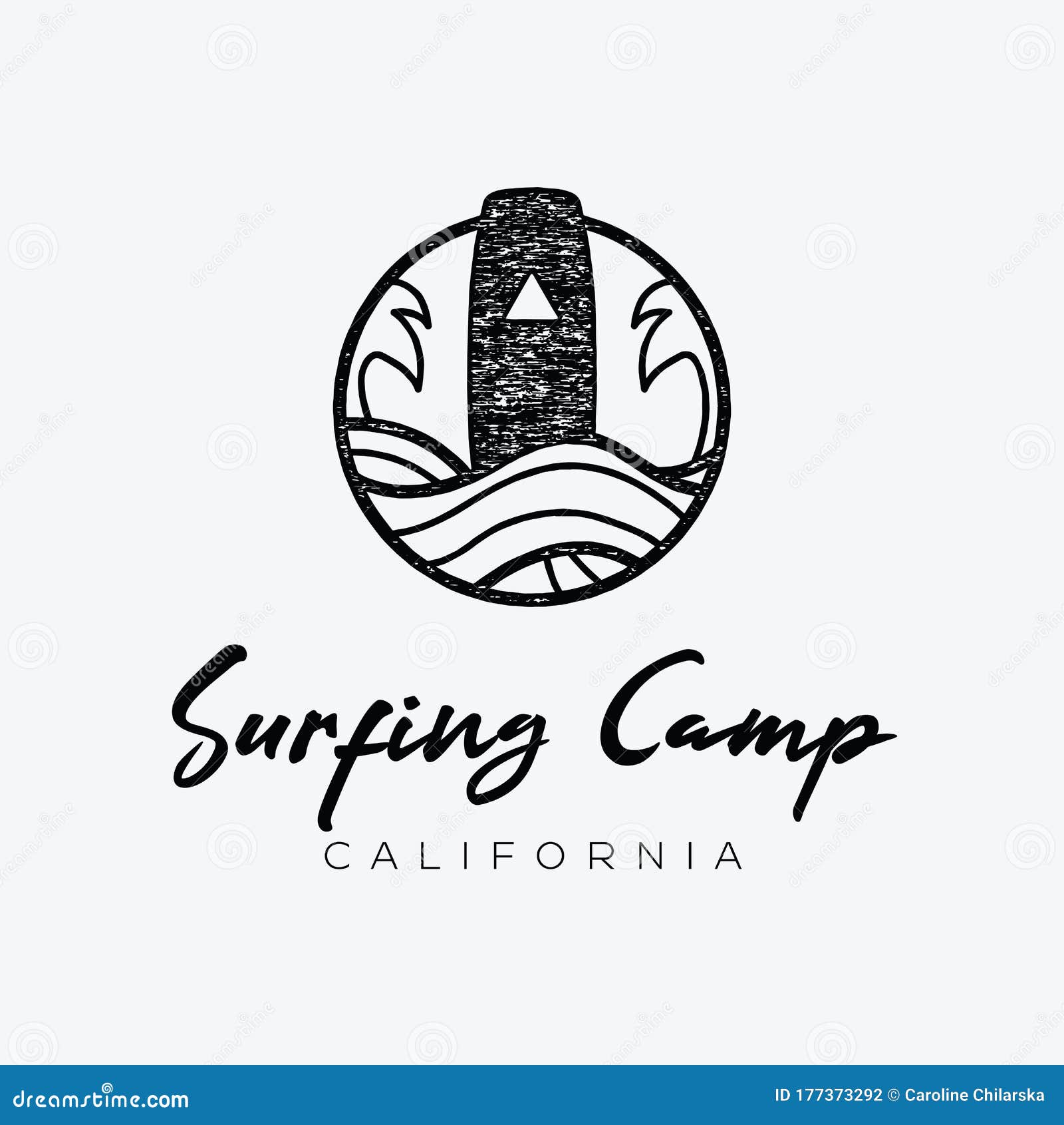 Hand Drawn Vintage Surf Logo. Circular Logo, Surfboard, Ocean Waves and ...