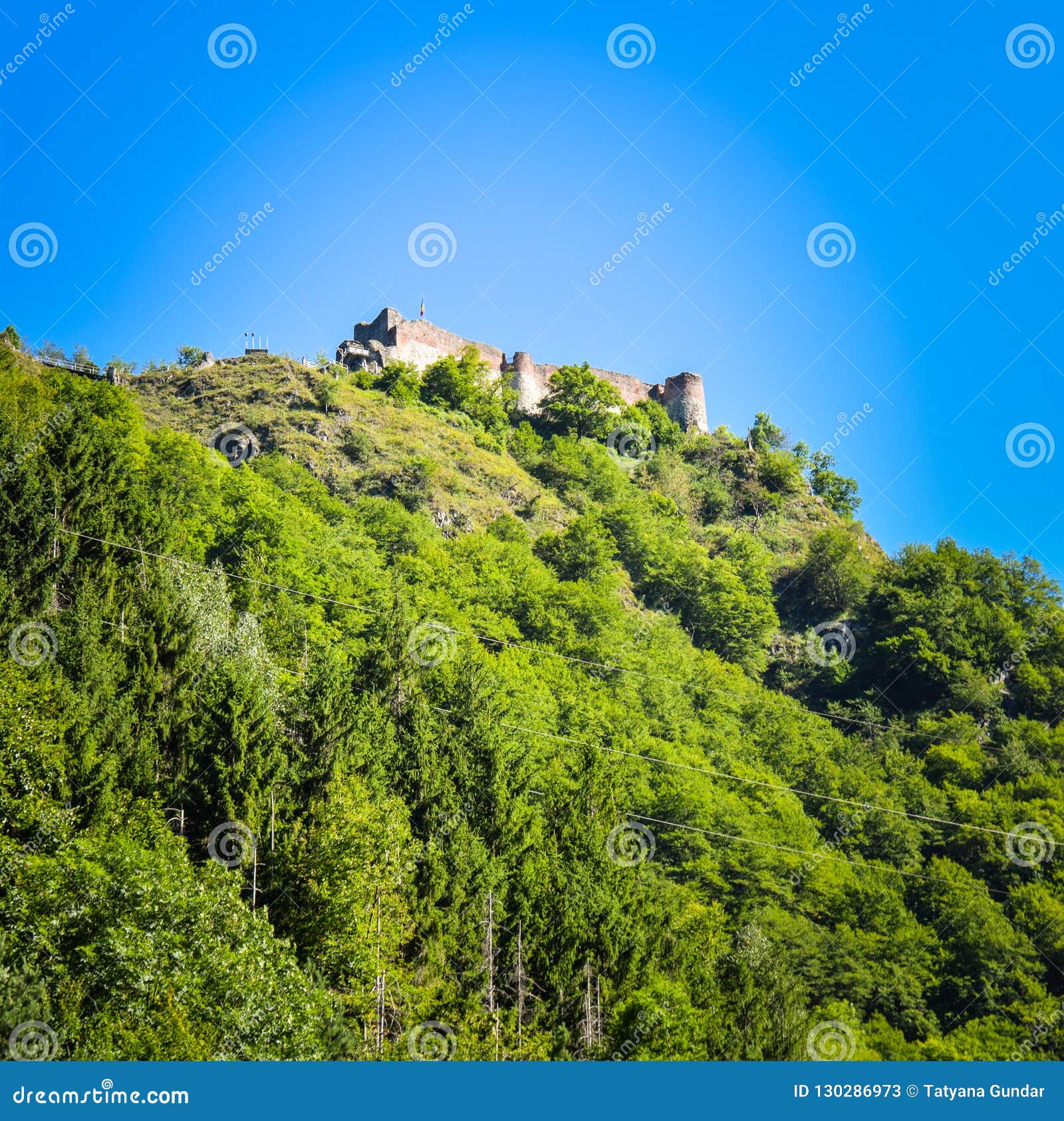 The Poenari Fortress. stock image. Image of flag, nature - 130286973